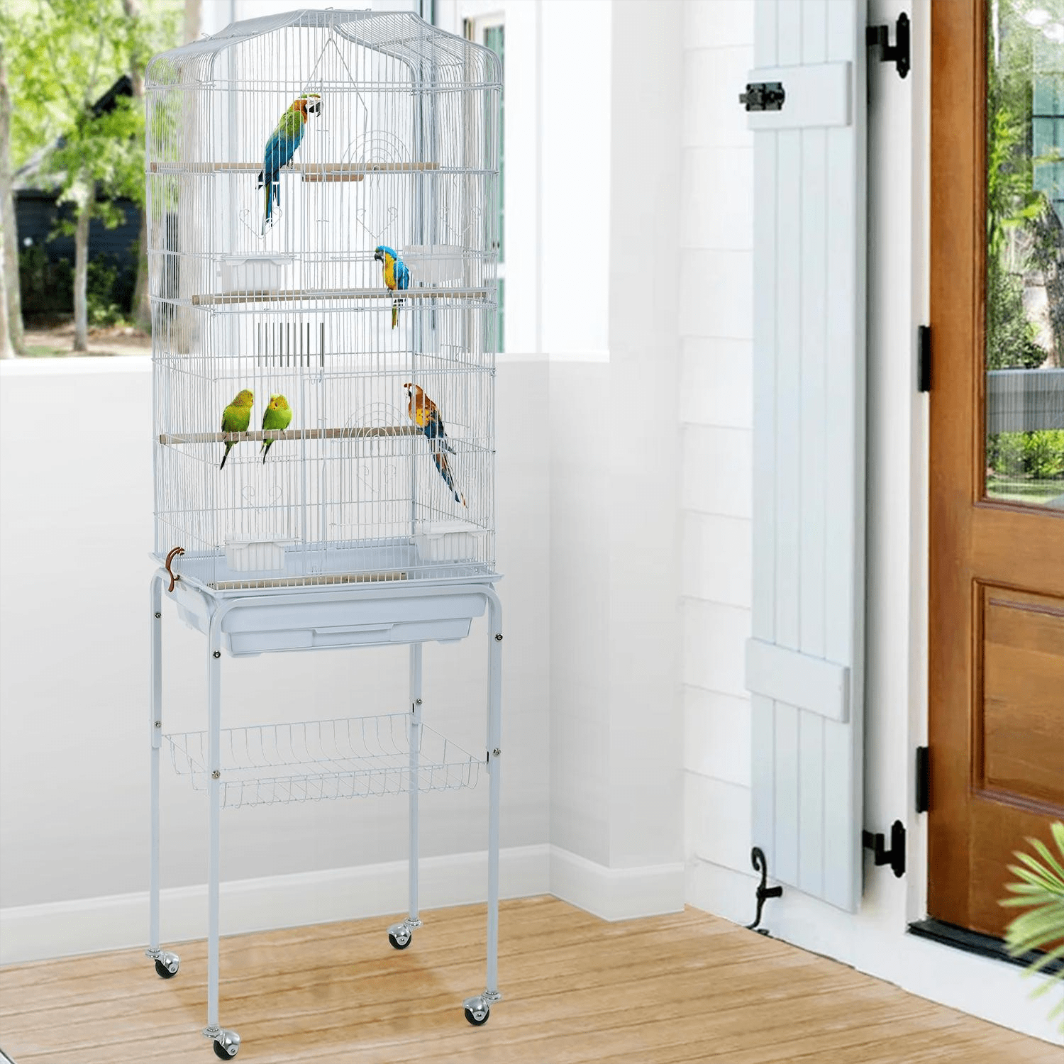 NiamVelo 64-inch Bird Cage with Rolling Stand, Open Play Top, White ...