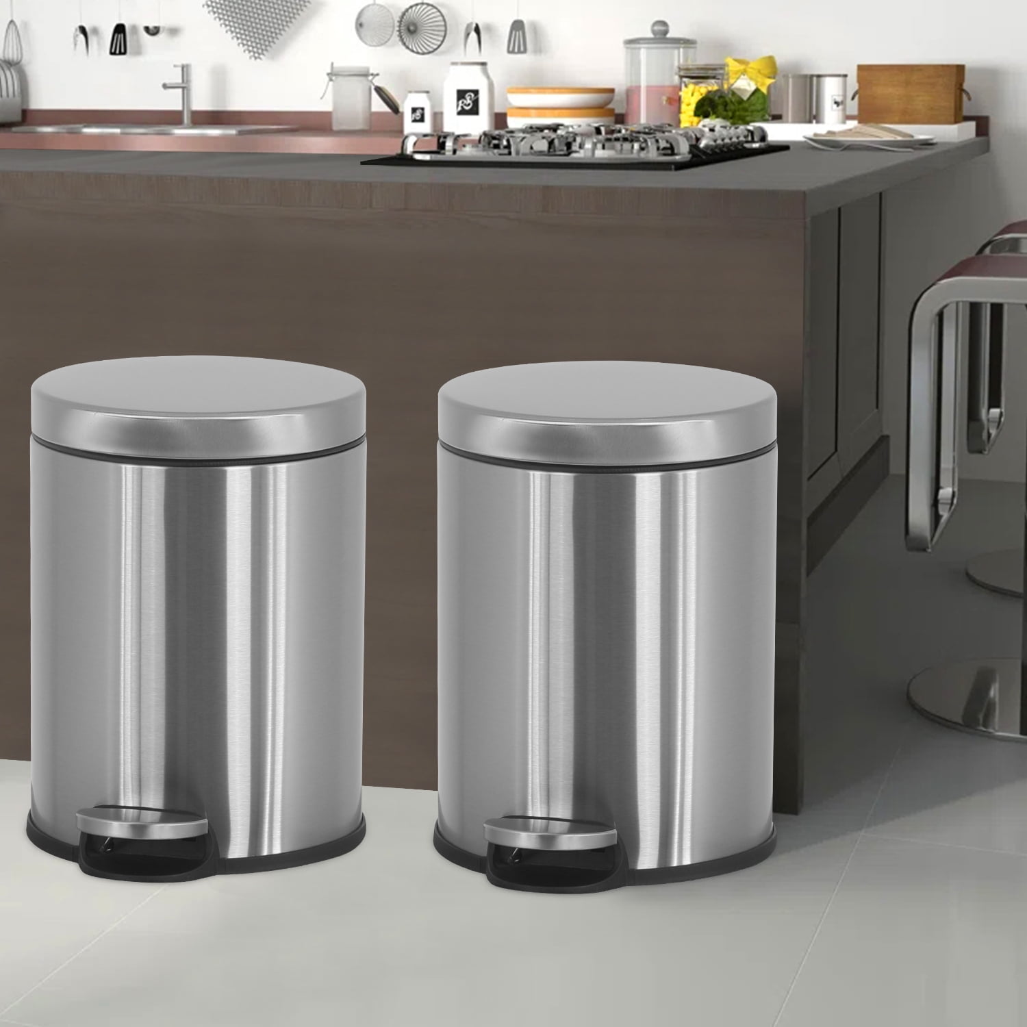 NiamVelo Metal Trash Can, Step-On Lid, 6L/1.6 Gallon, Silver, 2 Pack ...