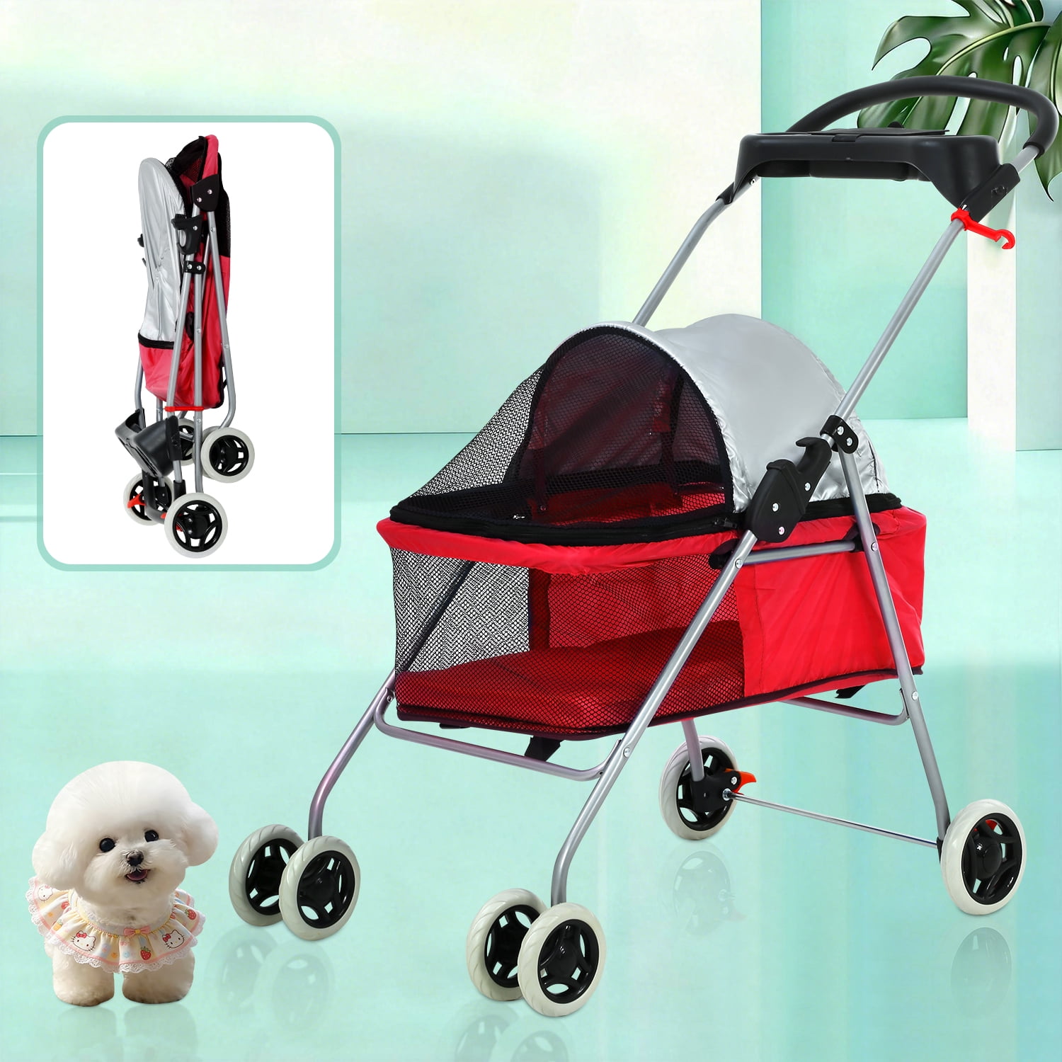 NiamVelo Folding Pet Stroller, Red, 4 Wheels, Jogging Puppy Carriage ...