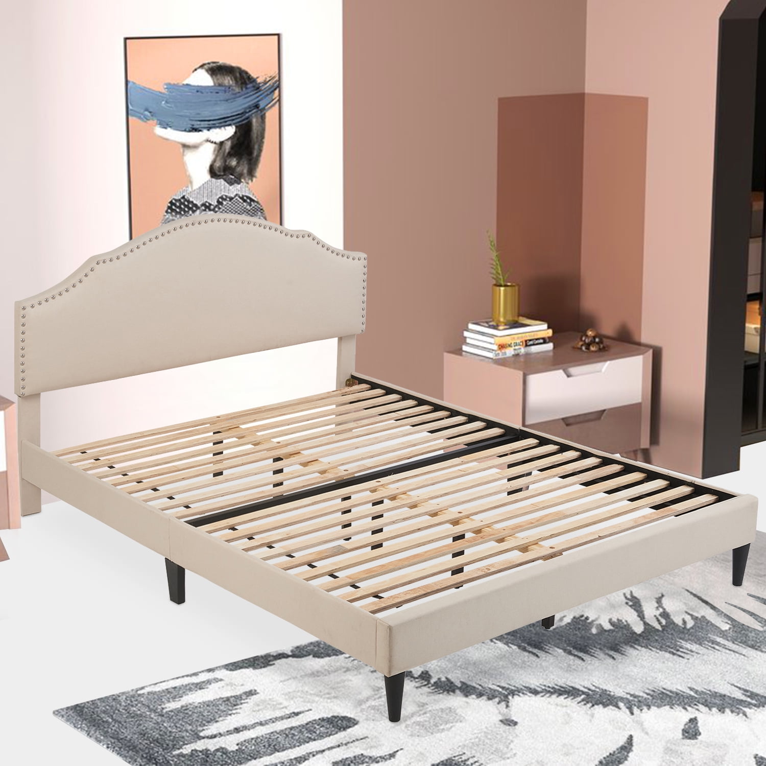 NiamVelo Upholstered Platform Bed Frame Queen Mattress Foundation with ...