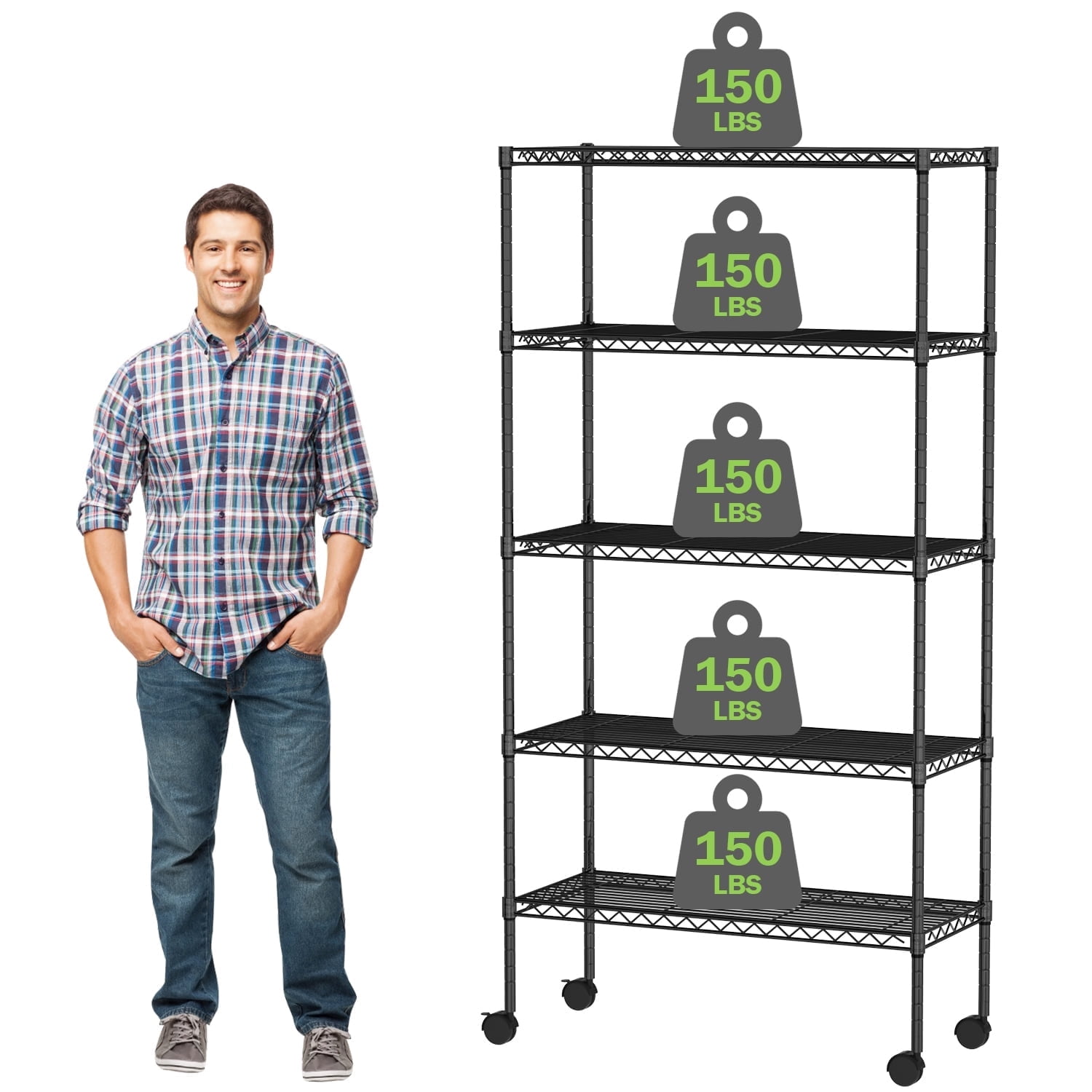 NiamVelo Wire Shelving 5 Tier Storage Shelf with Wheels Adjustable ...