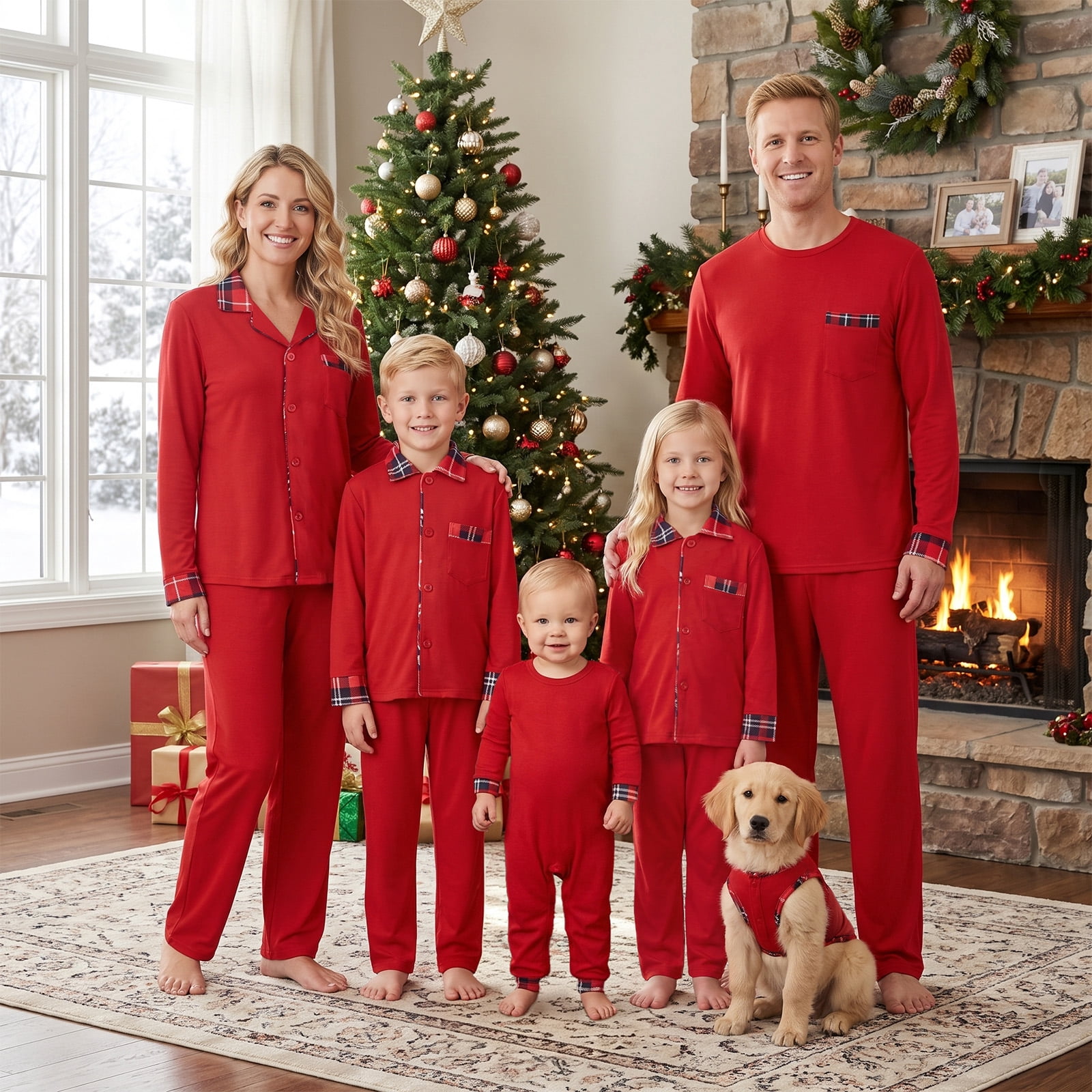 Nibbcoa Christmas Matching Family Pajamas Set Plaid Trim Long Sleeve ...