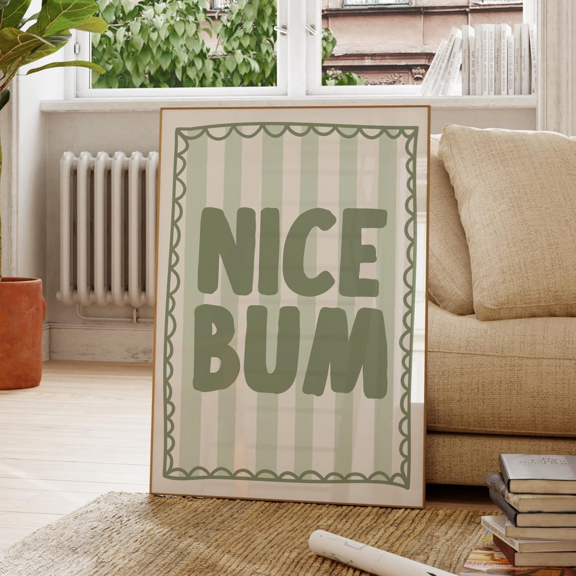 Nice Bum Art Poster Striped Sage Green Dopamine Decor Bathroom Art ...