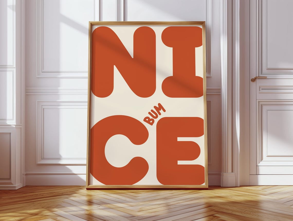 Nice Bum Art Print, Red Restroom Decor, Funny Bold Neutral Bathroom ...