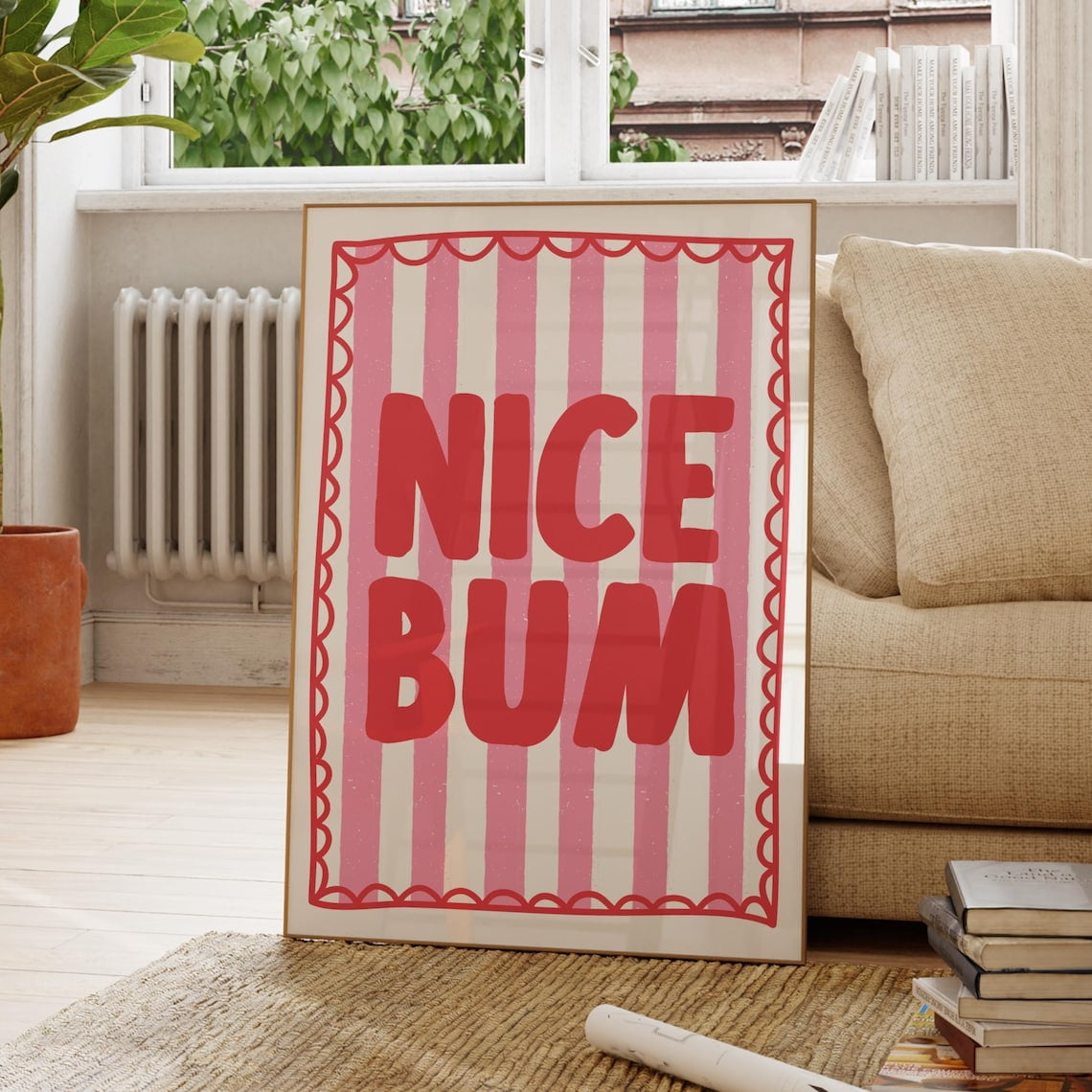 Nice Bum Poster Retro Red Pink Stripes, Bathroom Art Home Decor ...