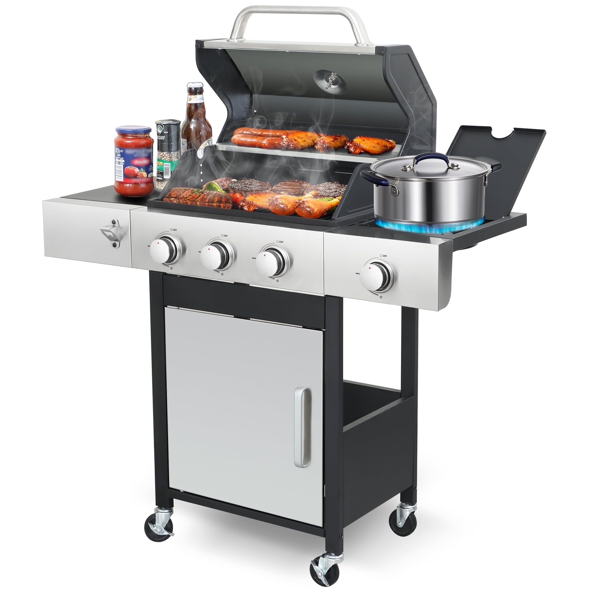 Nice Cooker 3 Burner Propane Gas Grill With Side Burner For 37,300 BTU ...