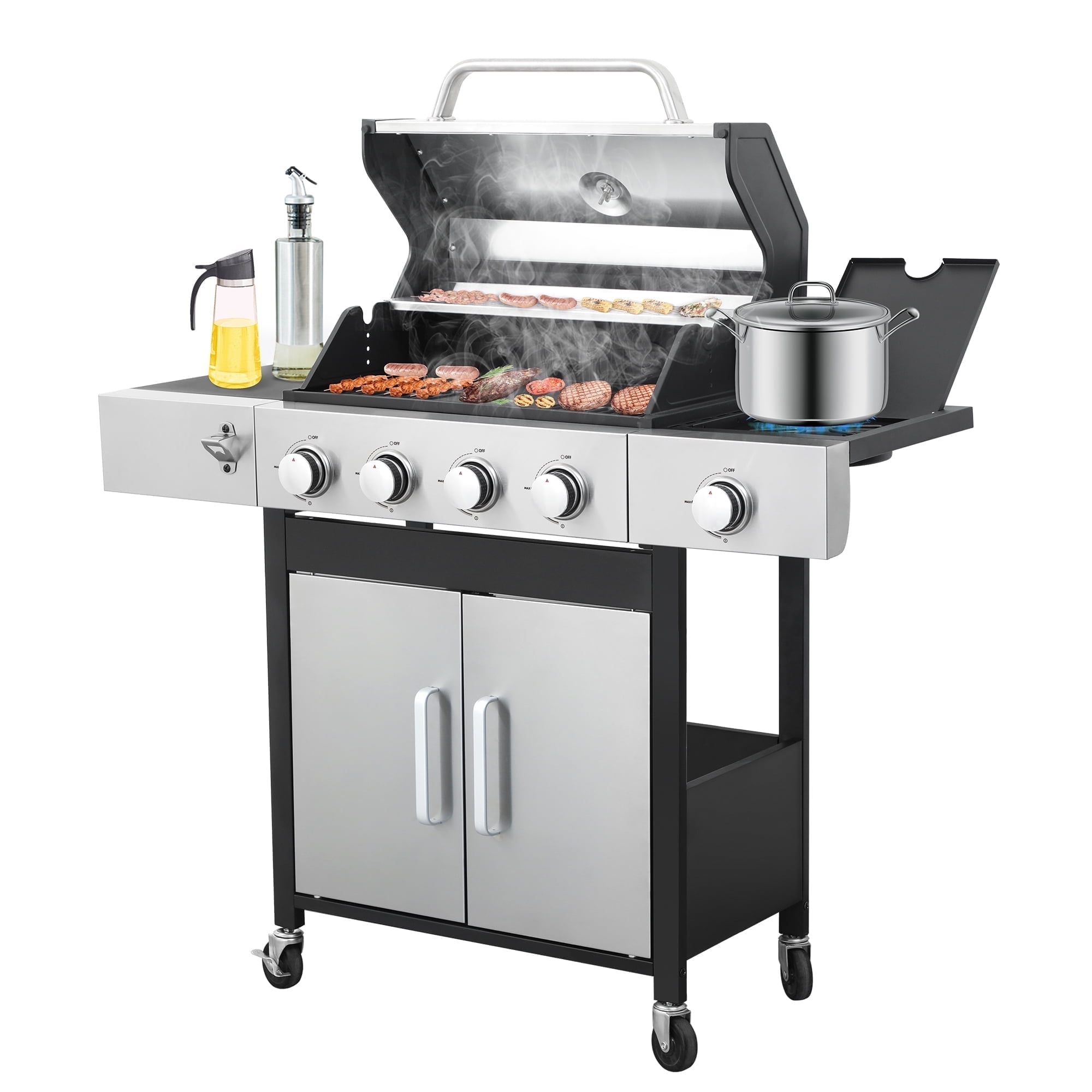 Nice Cooker 4-Burner Propane Gas Grill, 46,790 BTU, Porcelain Cast Iron ...