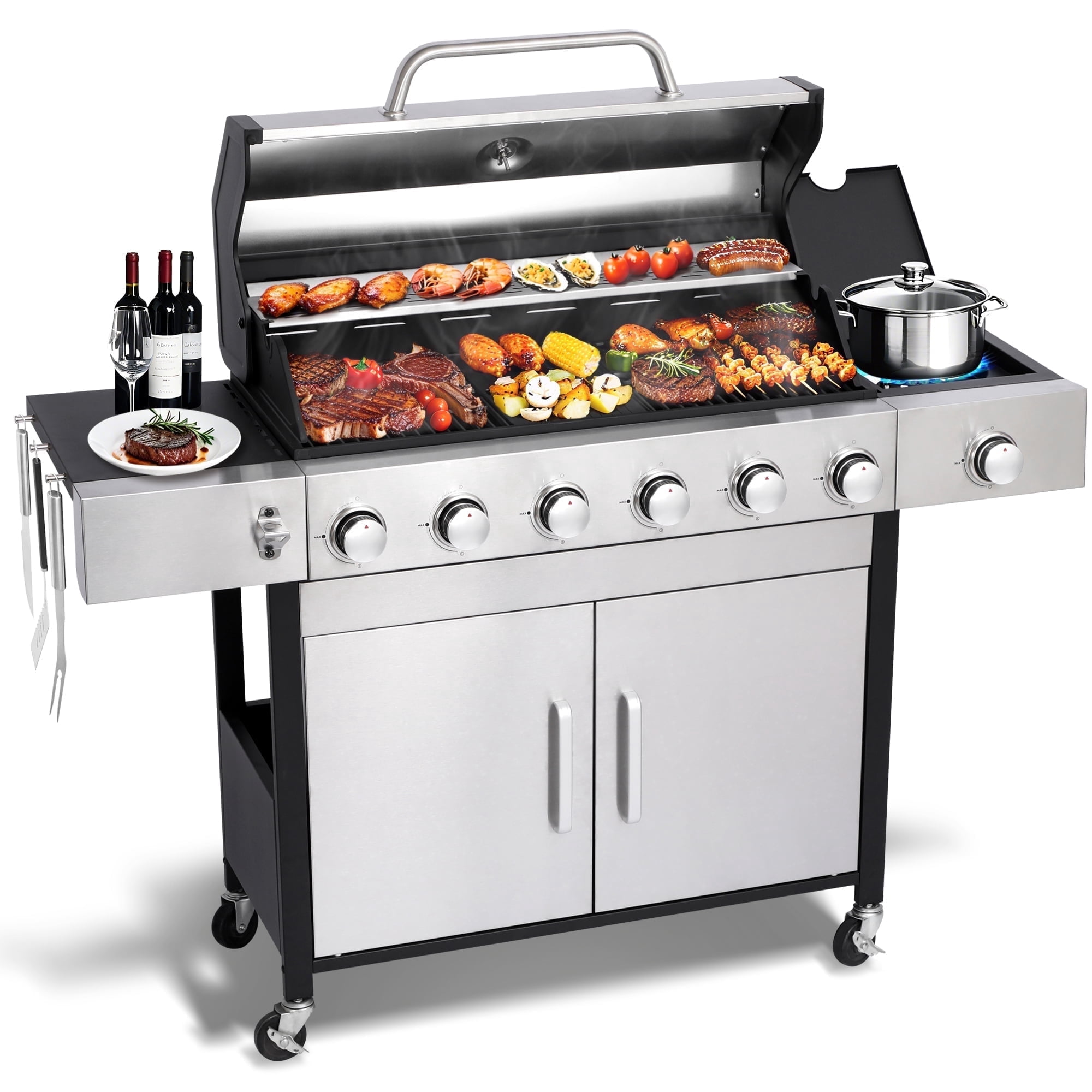 Nice Cooker 6-Burner Propane Gas BBQ Grill with Side Burner - 65850 BTU ...
