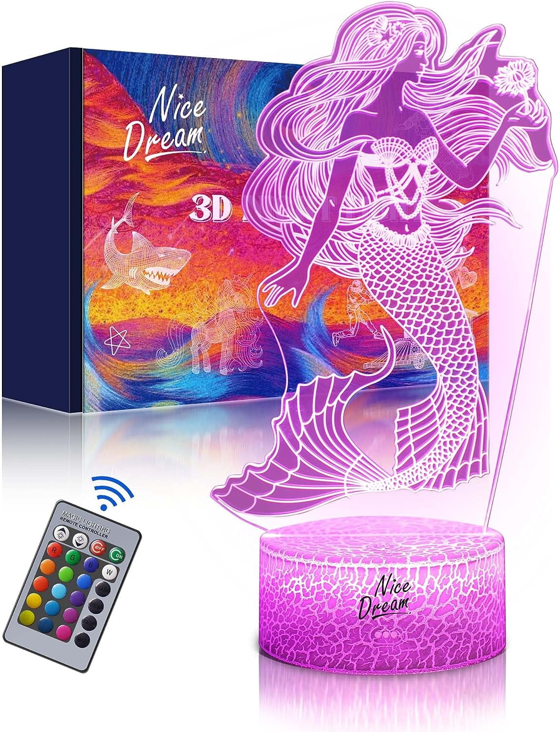 Nice Dream Mermaid 3D Illusion LED Night Light, Remote Control, 16 ...