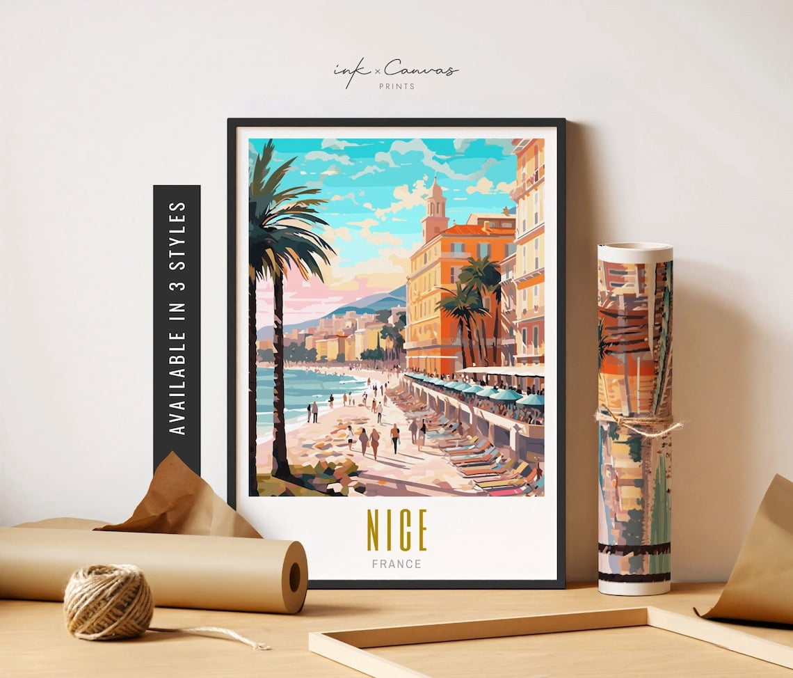 Nice France Travel Poster Nice France Beach Poster Retro City Landscape ...