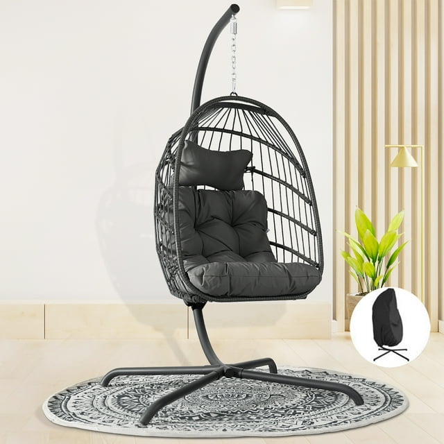 Nicesoul Foldable Wicker Hanging Egg Chair With Stand and Cover, Grey ...
