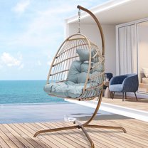 SWITTE Swing Egg Chair with Stand 2 Person Beige Wicker Egg Chairs ...