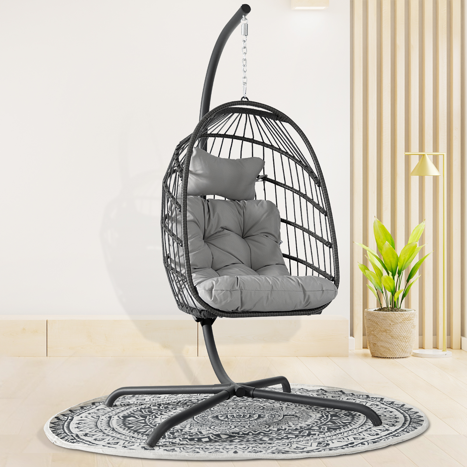 Nicesoul Foldable Wicker Hanging Egg Chair With Stand and Cover, Grey ...