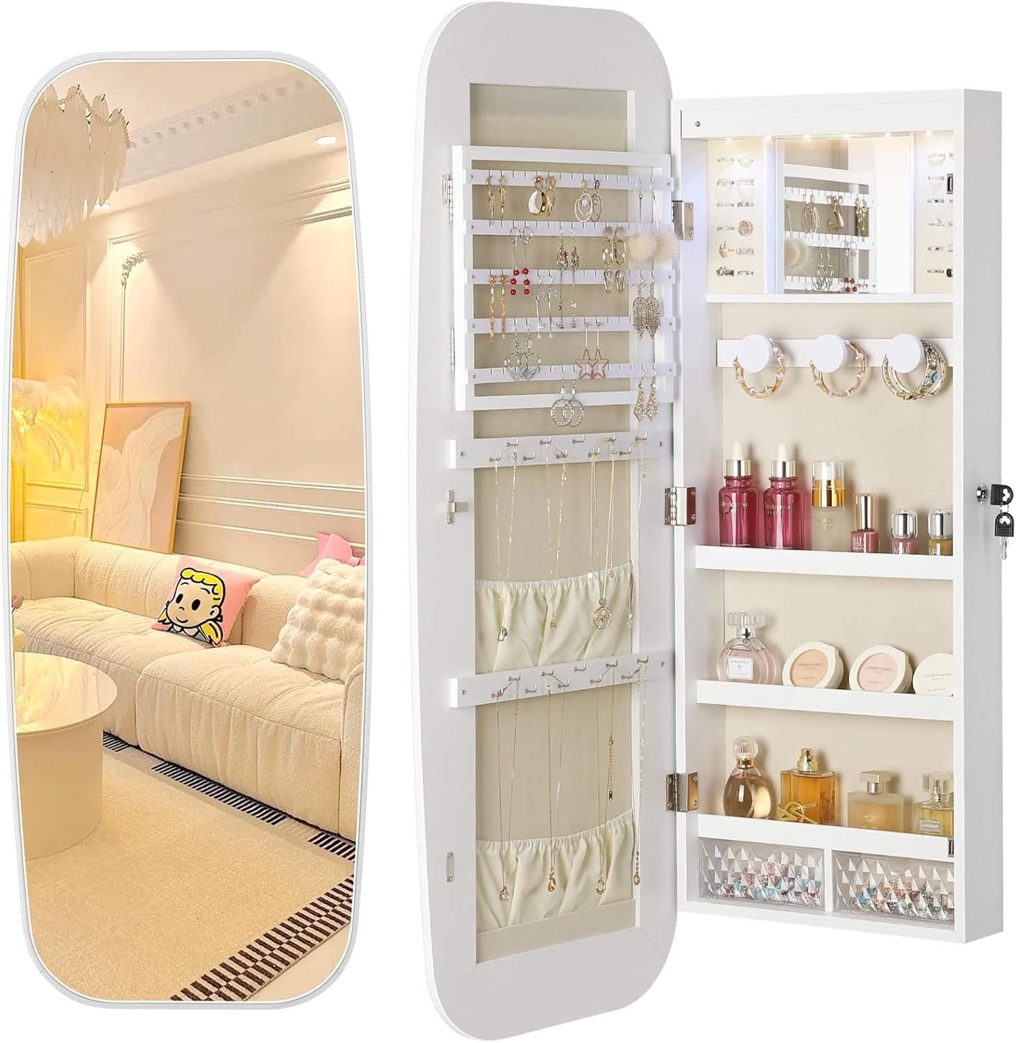 Nicetree LED Mirror Jewelry Cabinet, Jewelry Armoire Organizer, Wall or ...