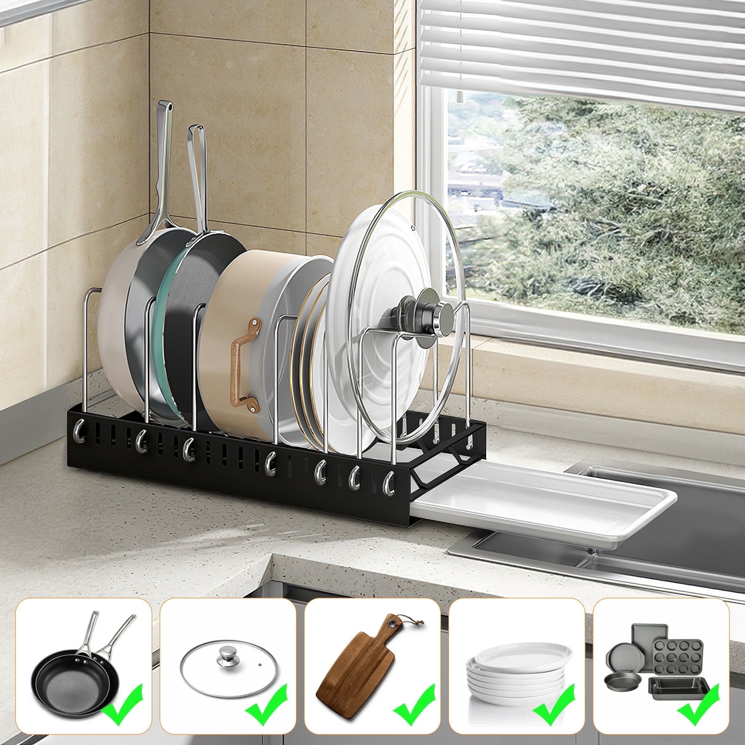 Nicewell Expandable Pots and Pans Organizer Under Cabinet, Pan ...