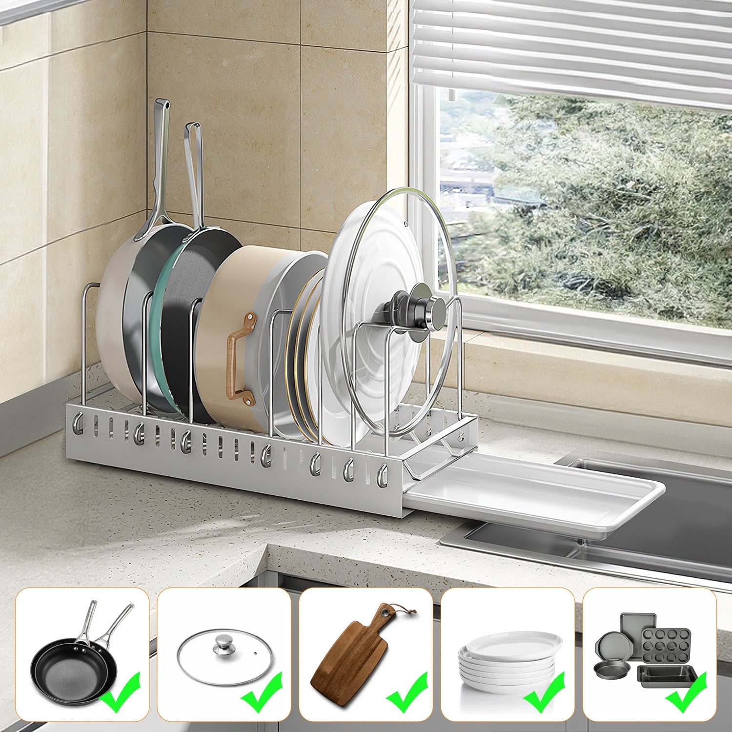 Nicewell Pull Out Pan Organizers Inside Cabinet with Tray, Pots and ...