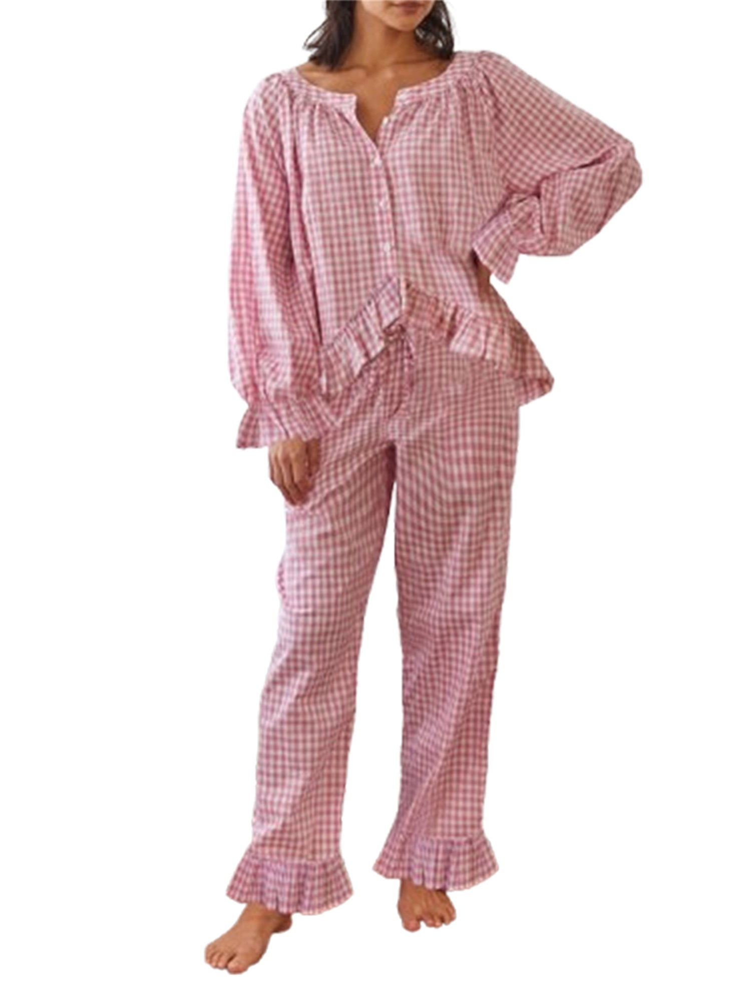 Niceyoeuk Women Ruffled Plaid Pajama Set Button-up Tops Long Pants ...