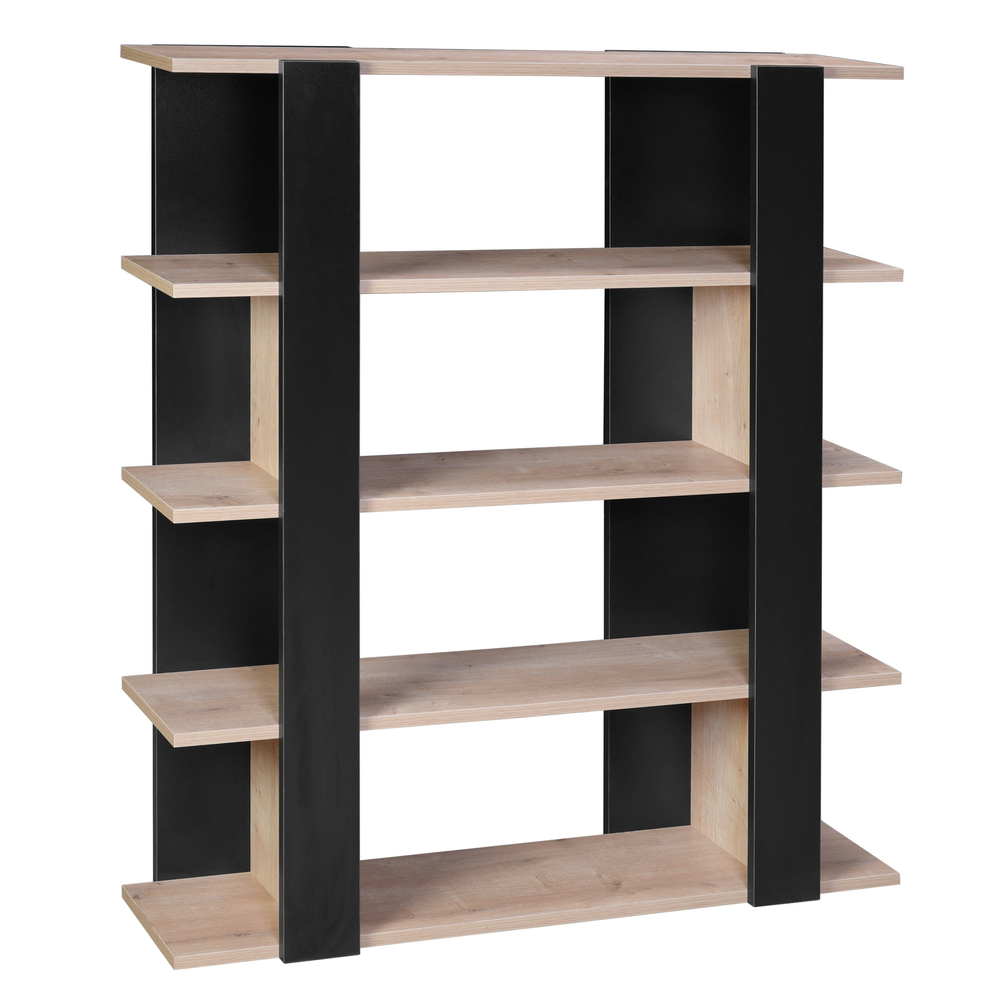 Niche 5 Shelf Modern Wooden Bookcase 48"H x 43"W- Light Oak / Black ...