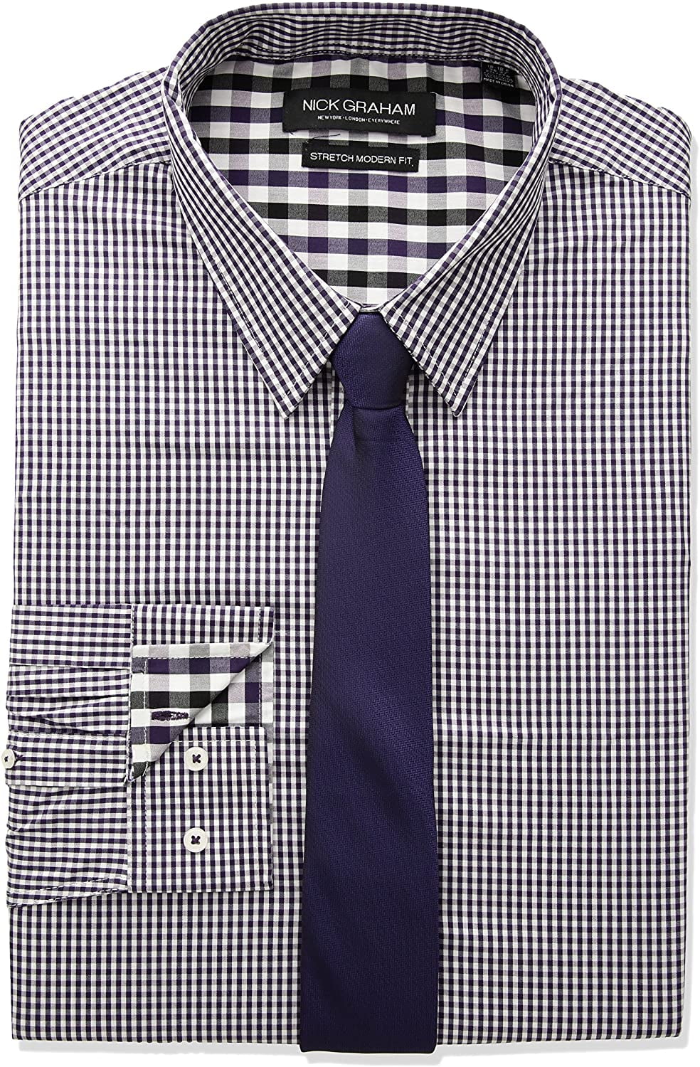 Nick Graham Mens Modern Fitted Mini Gingham Stretch Shirt with Solid ...