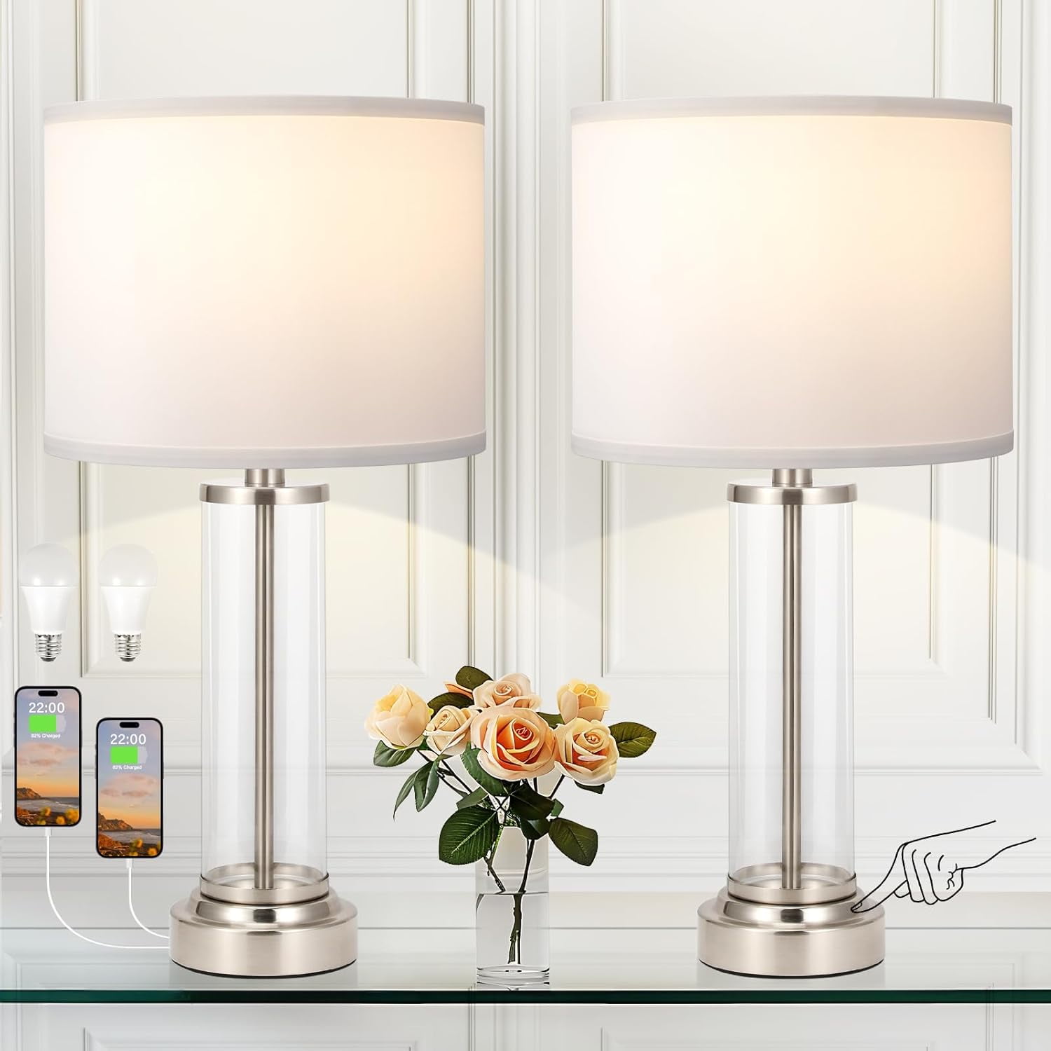 Nickel Bedroom Lamps Set of 2 - Touch Bedside Lamp for Night Stands ...