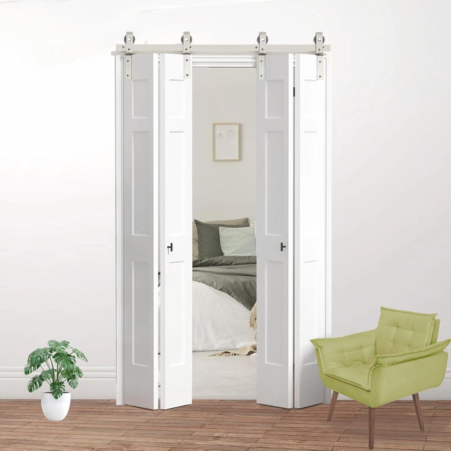 Nickel Plated 68 in Double Bifold Sliding Barn Door Hardware Kit for ...