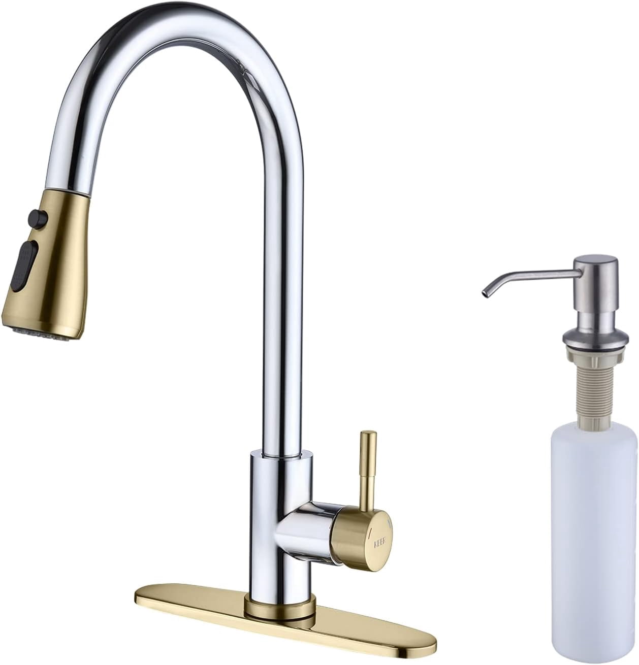 Nickel Pull Down Kitchen Faucet with Soap Dispenser, Single Handle High ...