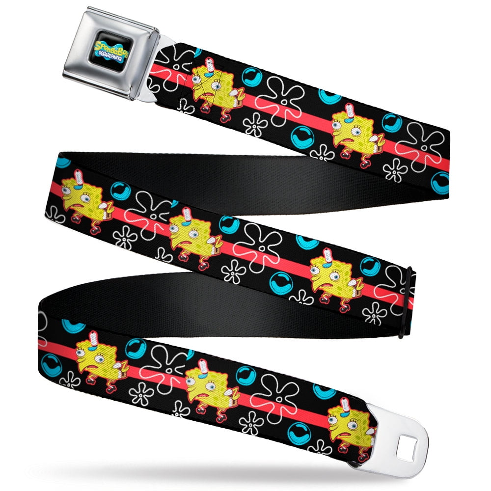 Nickelodeon Belt, Seatbelt Buckle Belt, Mocking SpongeBob Pose and Bubbles Stripe Black Blue Red ...