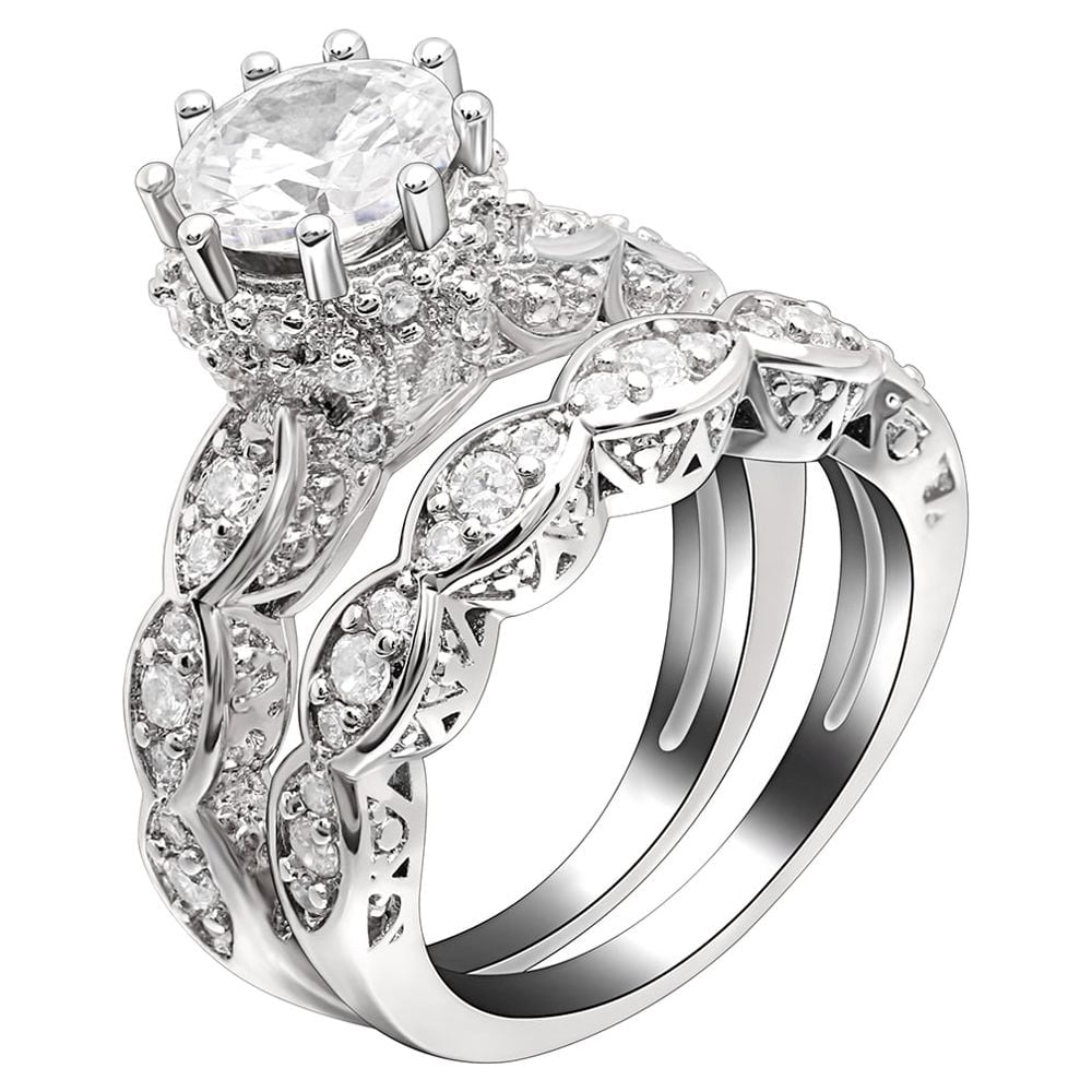 Nickie Wedding Ring Set Engagement Ring Matching Band Cz Womens Ginger ...