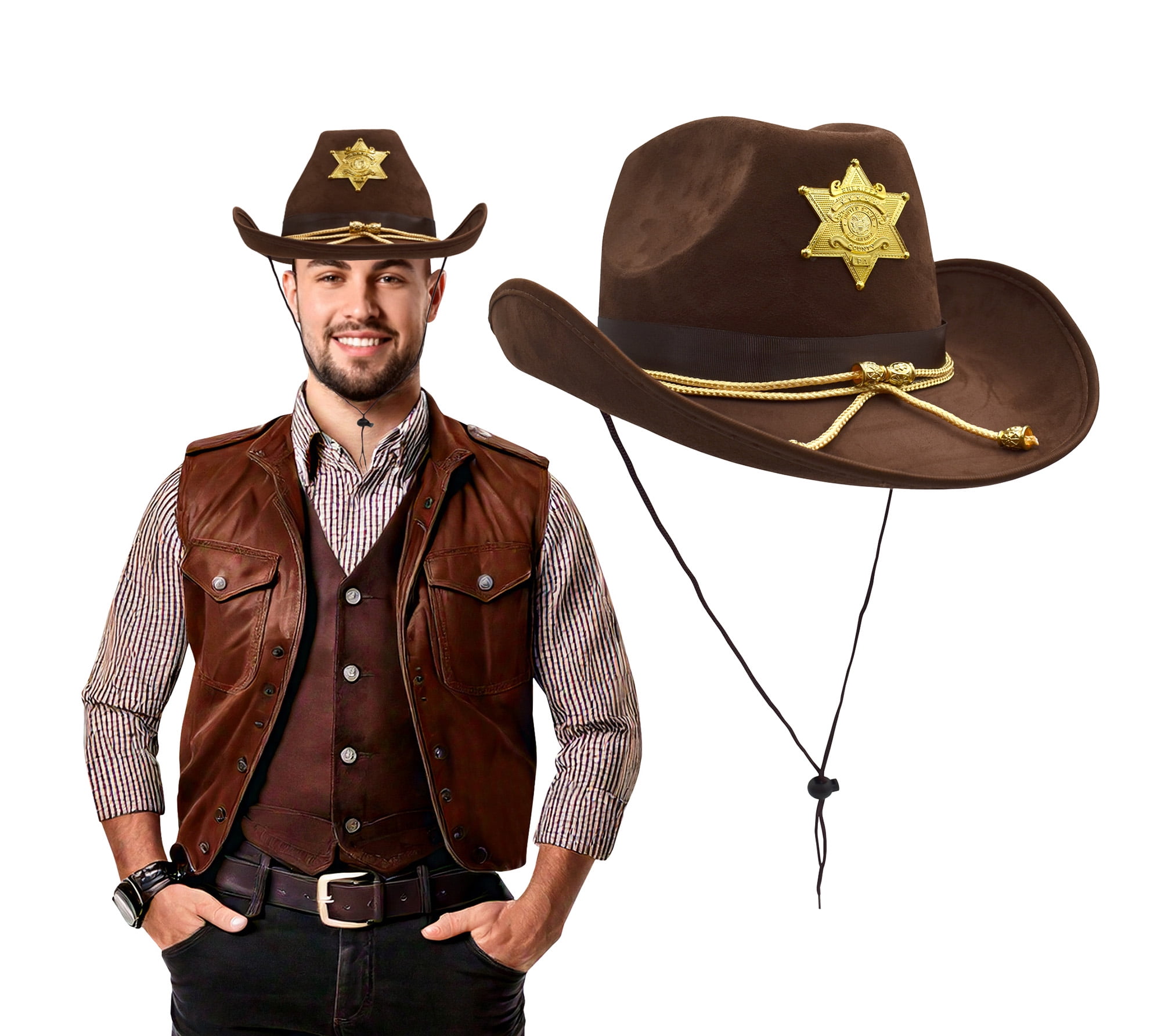 Nicky Bigs Novelties Adult Brown Western Sheriff Badge Cowboy Hat ...