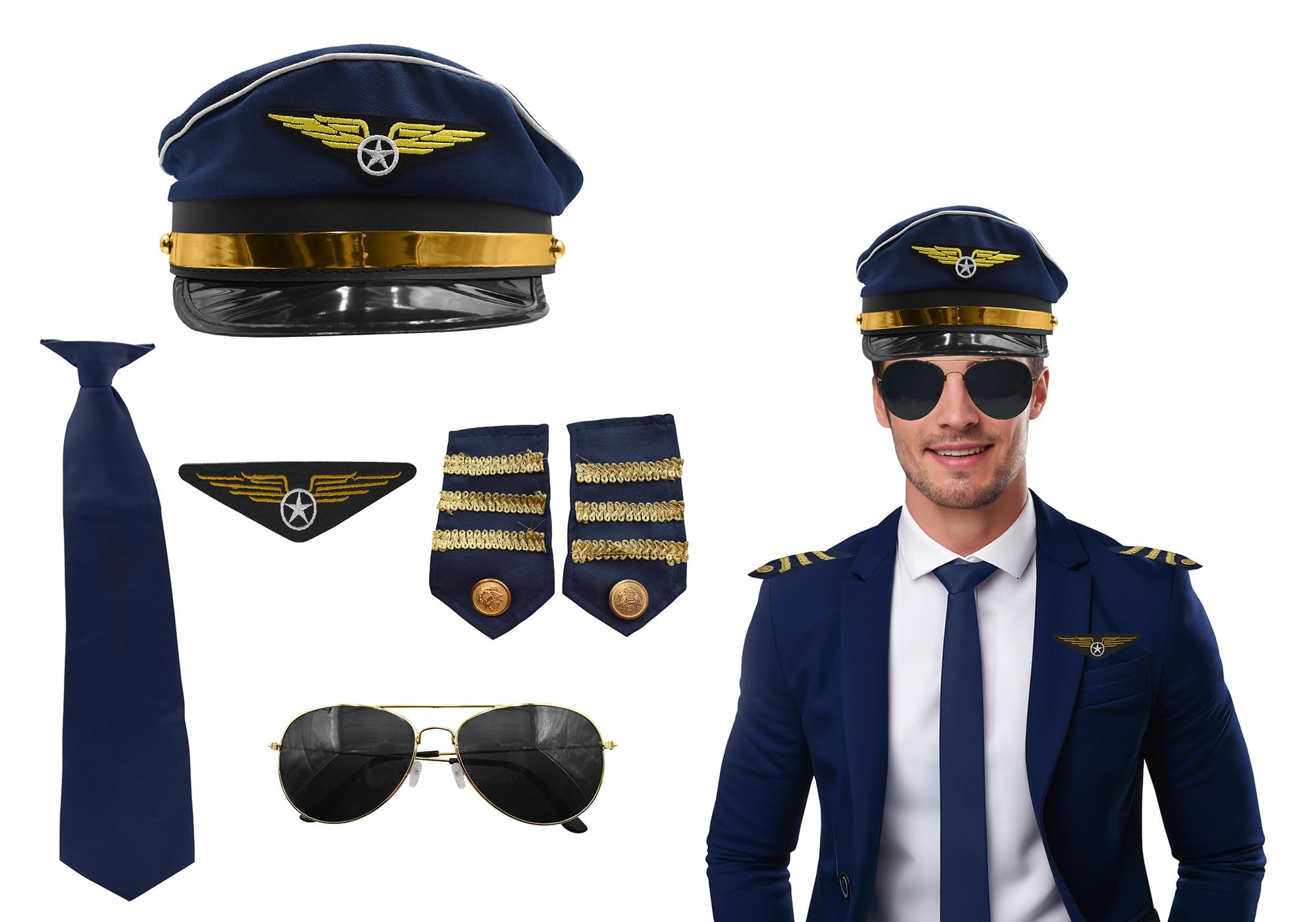 Nicky Bigs Novelties Adult Navy Pilot Costume Set - Hat, Sunglasses ...