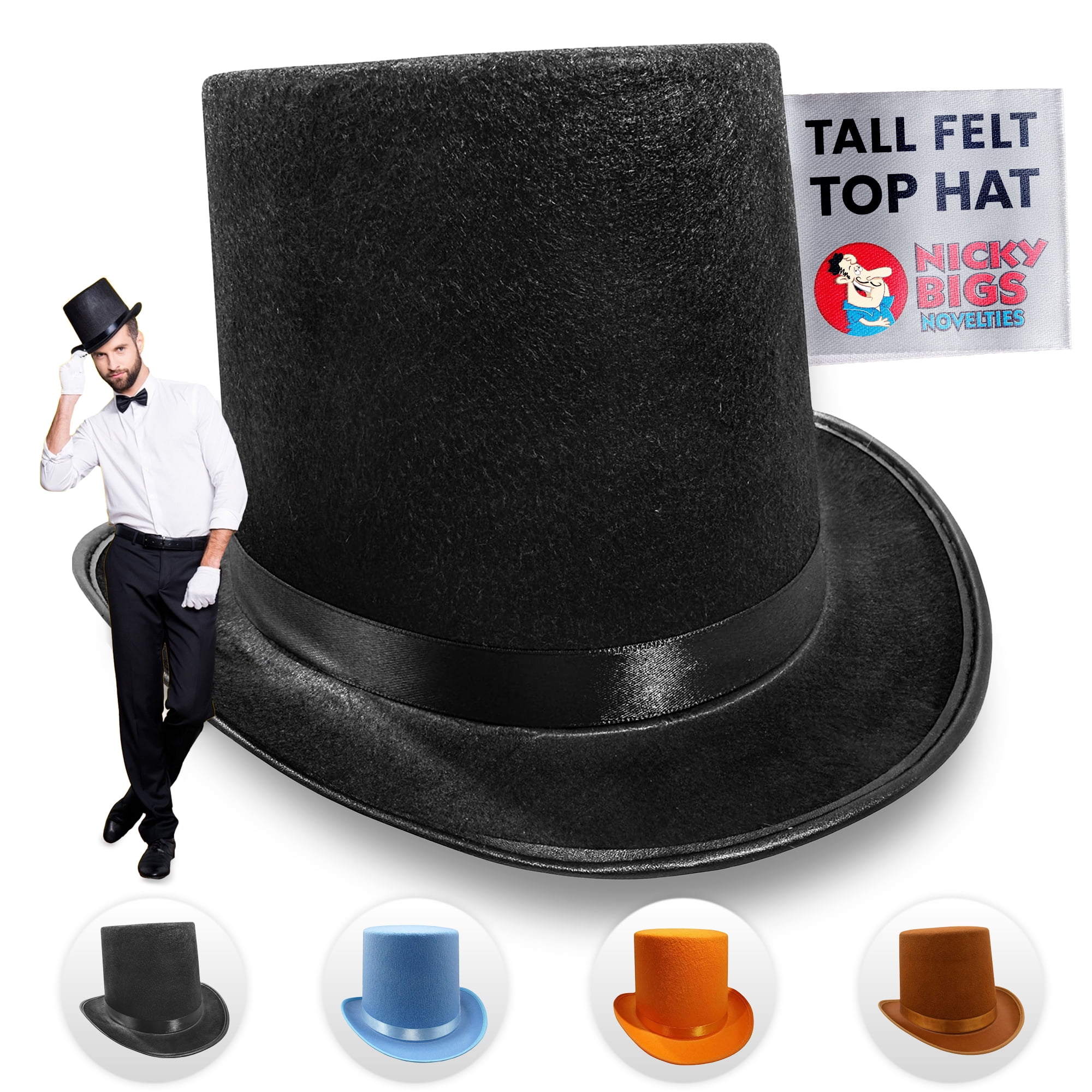 Nicky Bigs Novelties Adult Tall Black Felt Top Hat Formal Showman Party ...