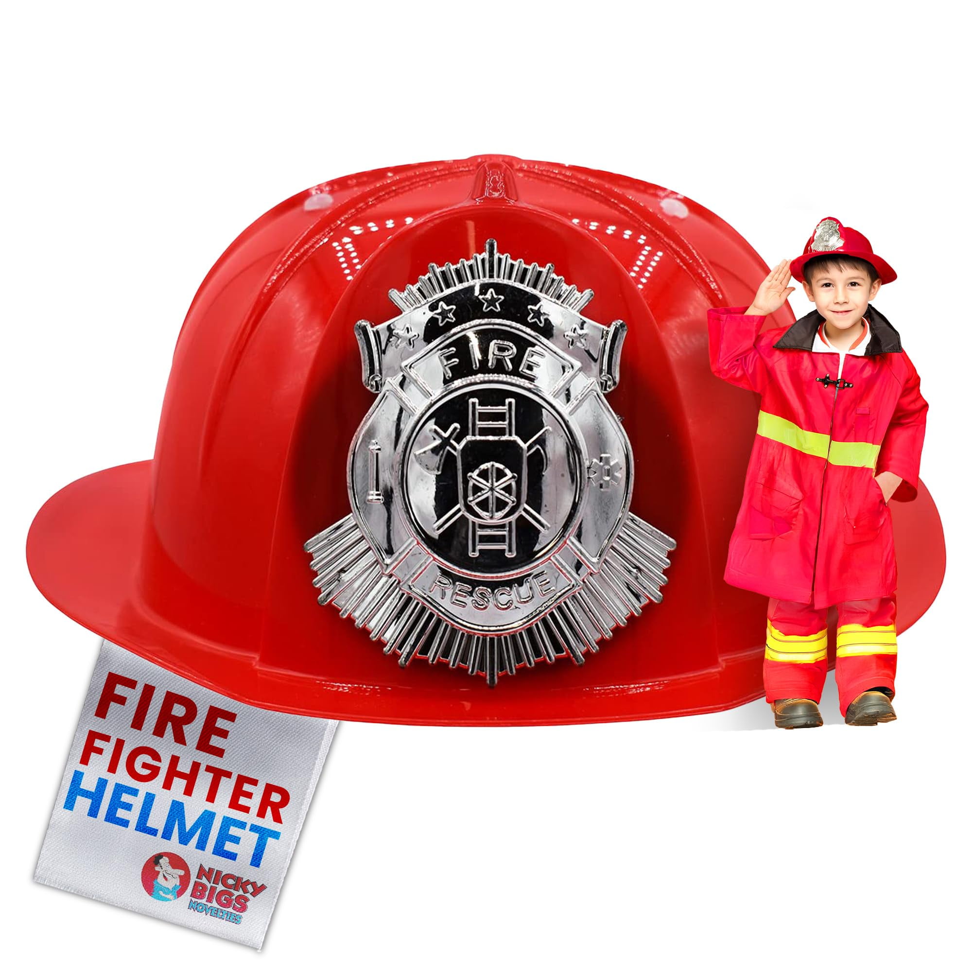 Nicky Bigs Novelties Child Deluxe Fireman Hat, Red Firefighter Helmet ...