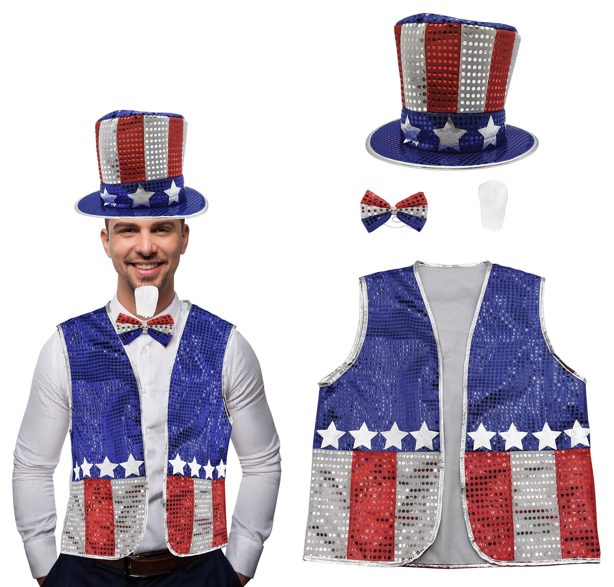 Nicky Bigs Novelties Uncle Sam Costume Set, Sequin Hat, Flag Vest ...