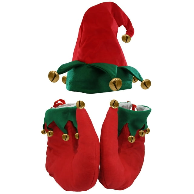 Nicky Bigs Novelties Unisex Adult Red and Green Elf Hat & Shoes Jingle ...