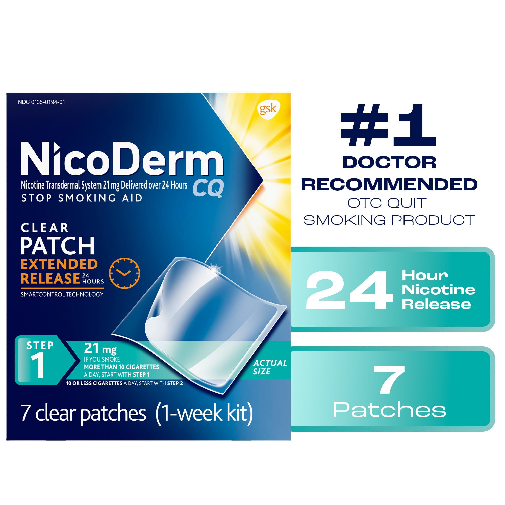 Nicoderm CQ Step 1, 21mg, 7 Count Nicotine Patches, Extended Release ...