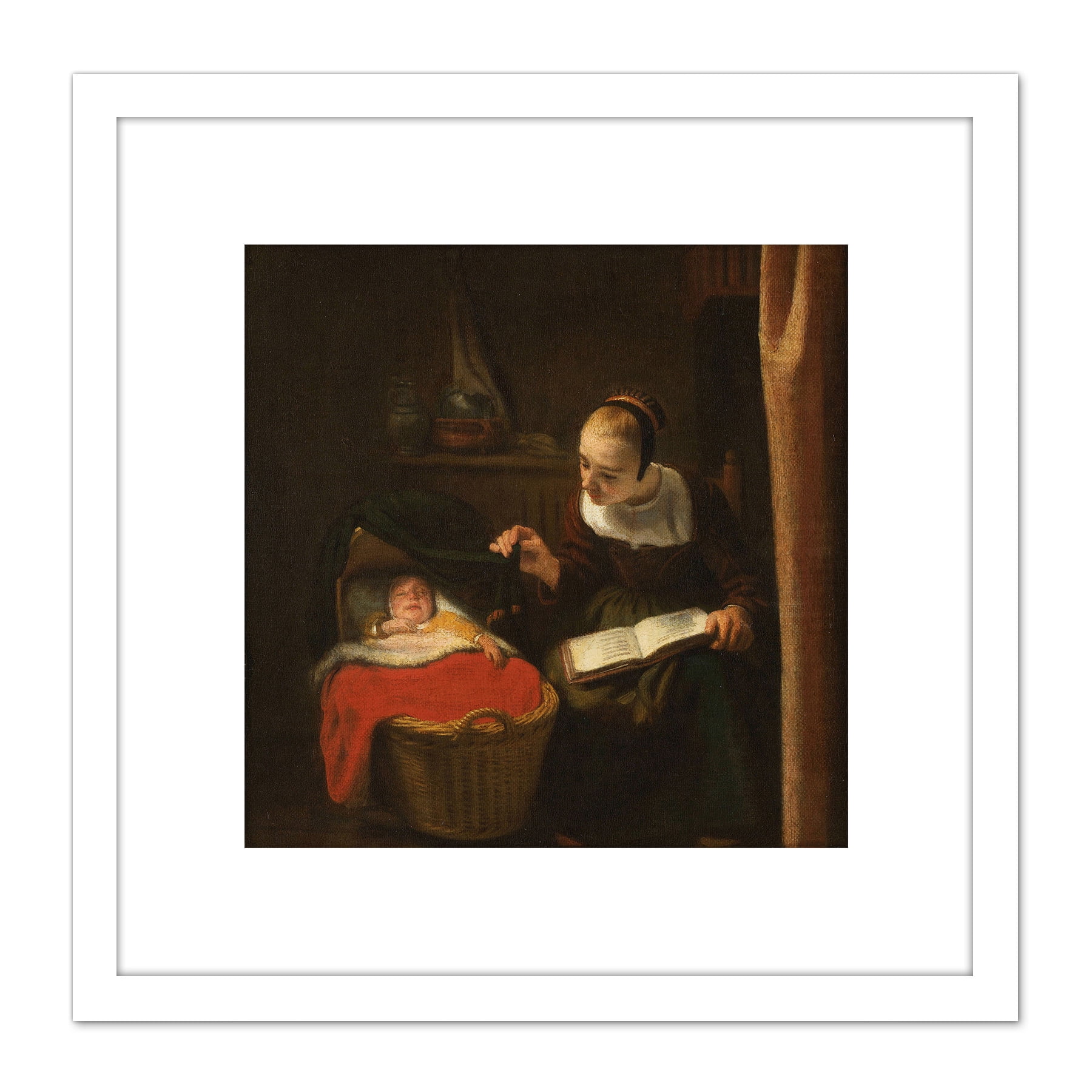 Nicolaes Maes Young Woman Cradle Child Painting 8X8 Inch Square Wooden ...