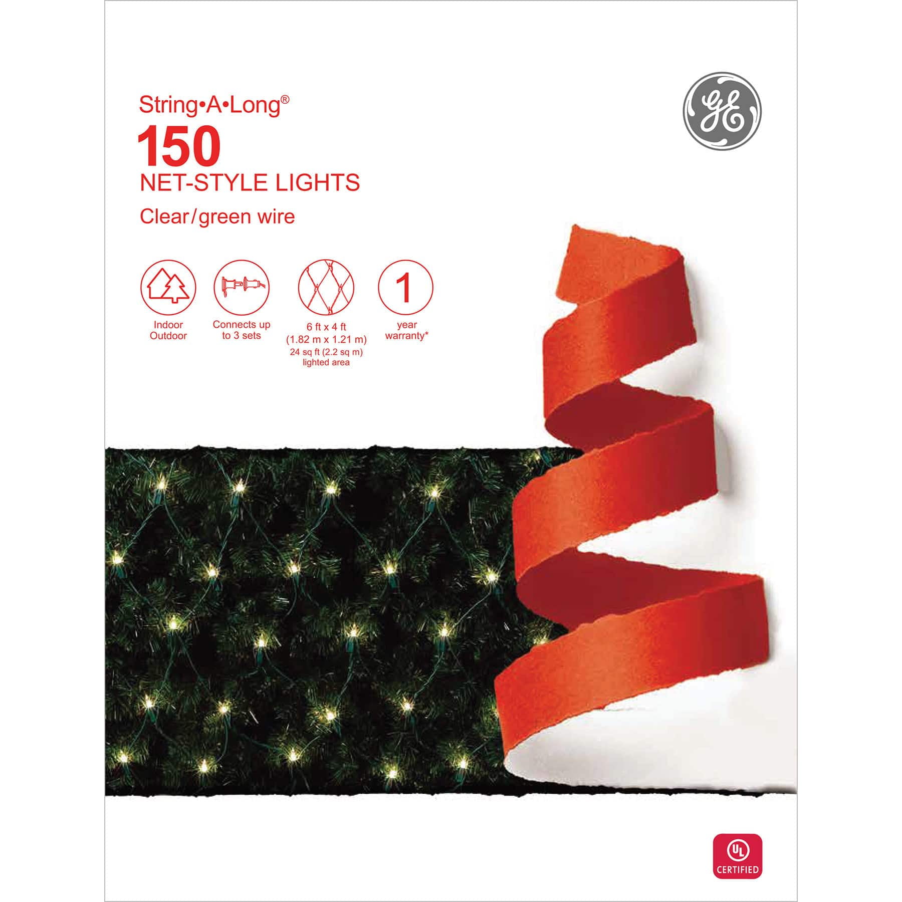 GE 6'x4' Indoor String-A-Long Net-Style Christmas Lights, 150 Count ...