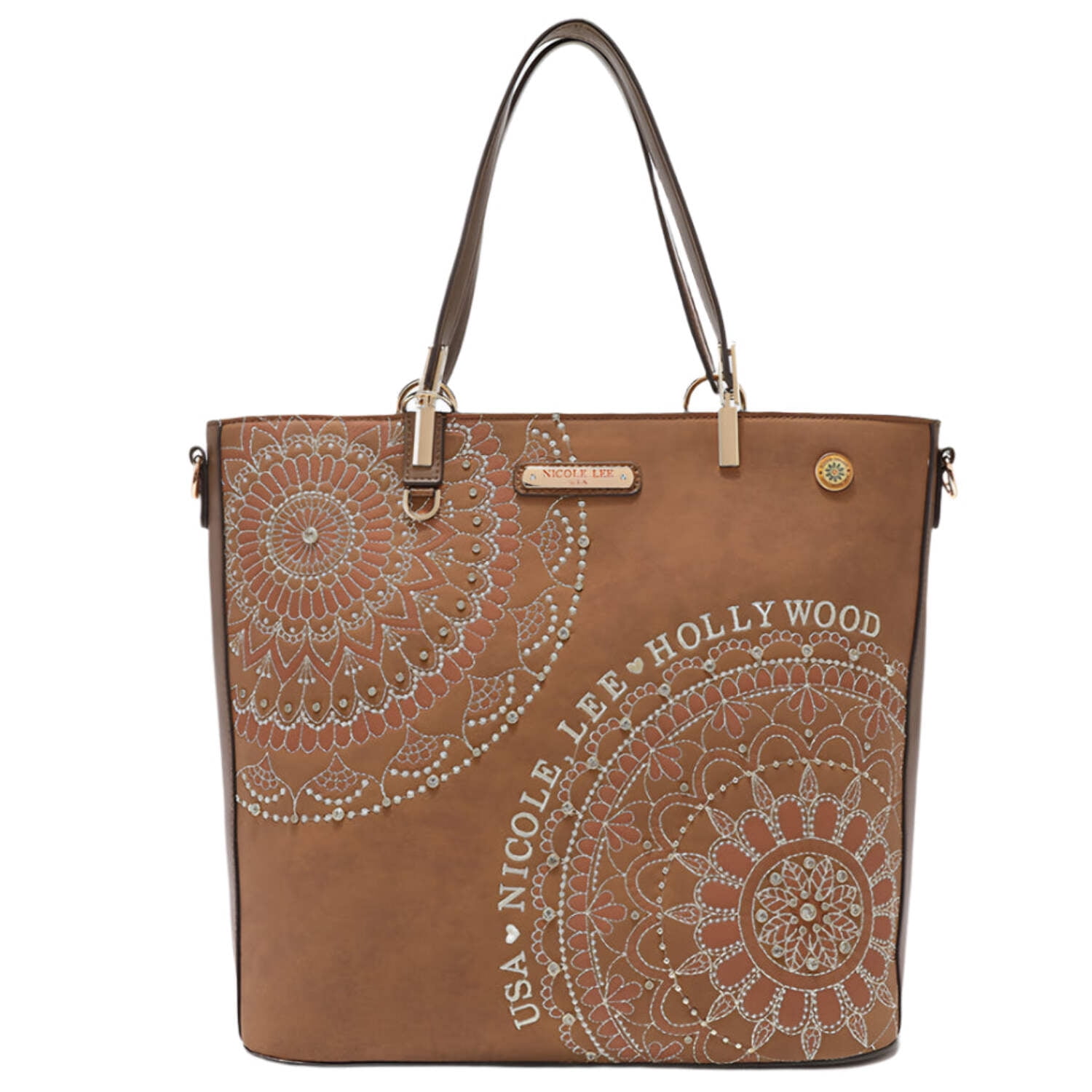 Nicole Lee USA Metallic Stitching Embroidery Inlaid Rhinestone Tote Bag-Brown - Walmart.com