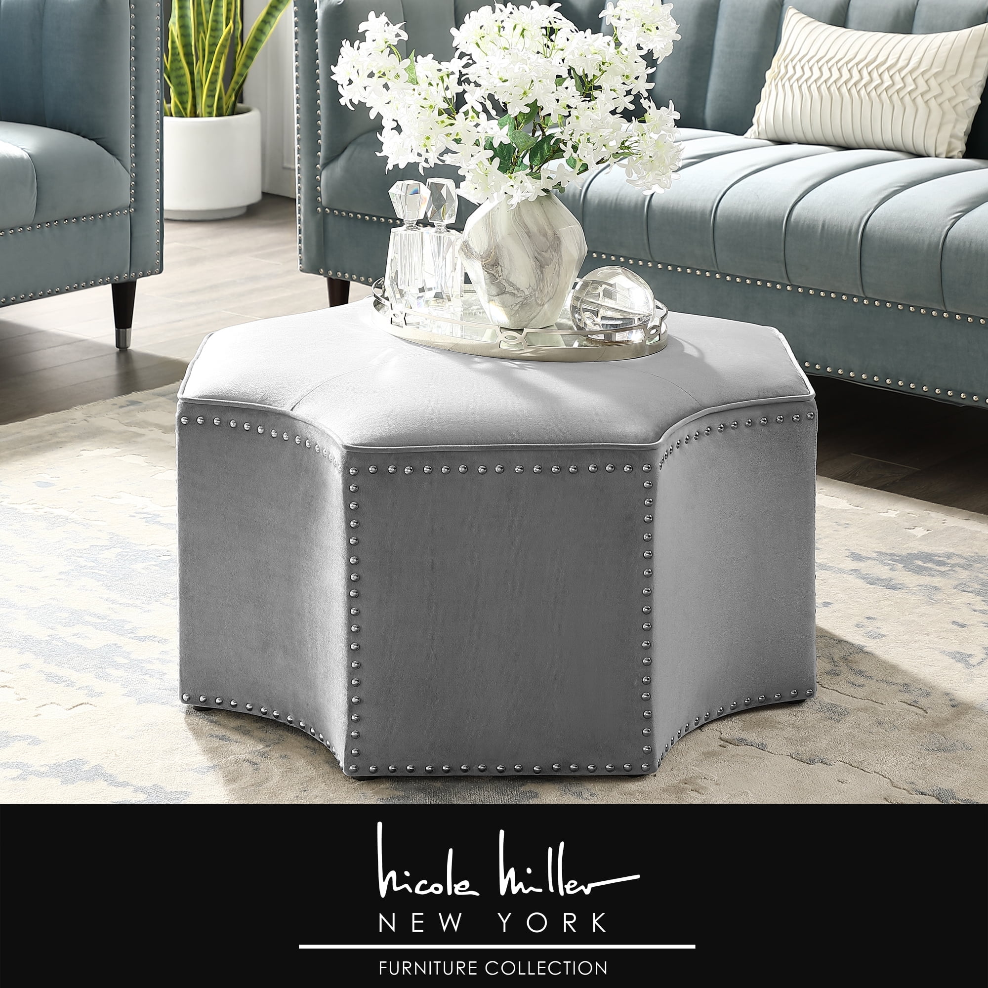 Nicole Miller Cocktail Ottoman Zaid Velvet Upholstered Octagon Single ...