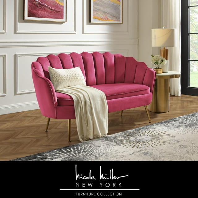 Nicole Miller Upholstered Velvet Loveseat, Eian with Gold Legs, Fuchsia ...