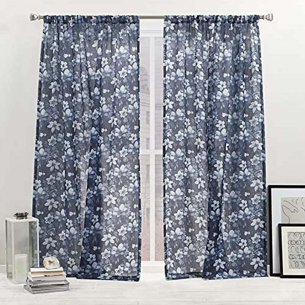 Nicole Miller New York Floral Linen Sheer Curtain Panels Indigo Rod ...