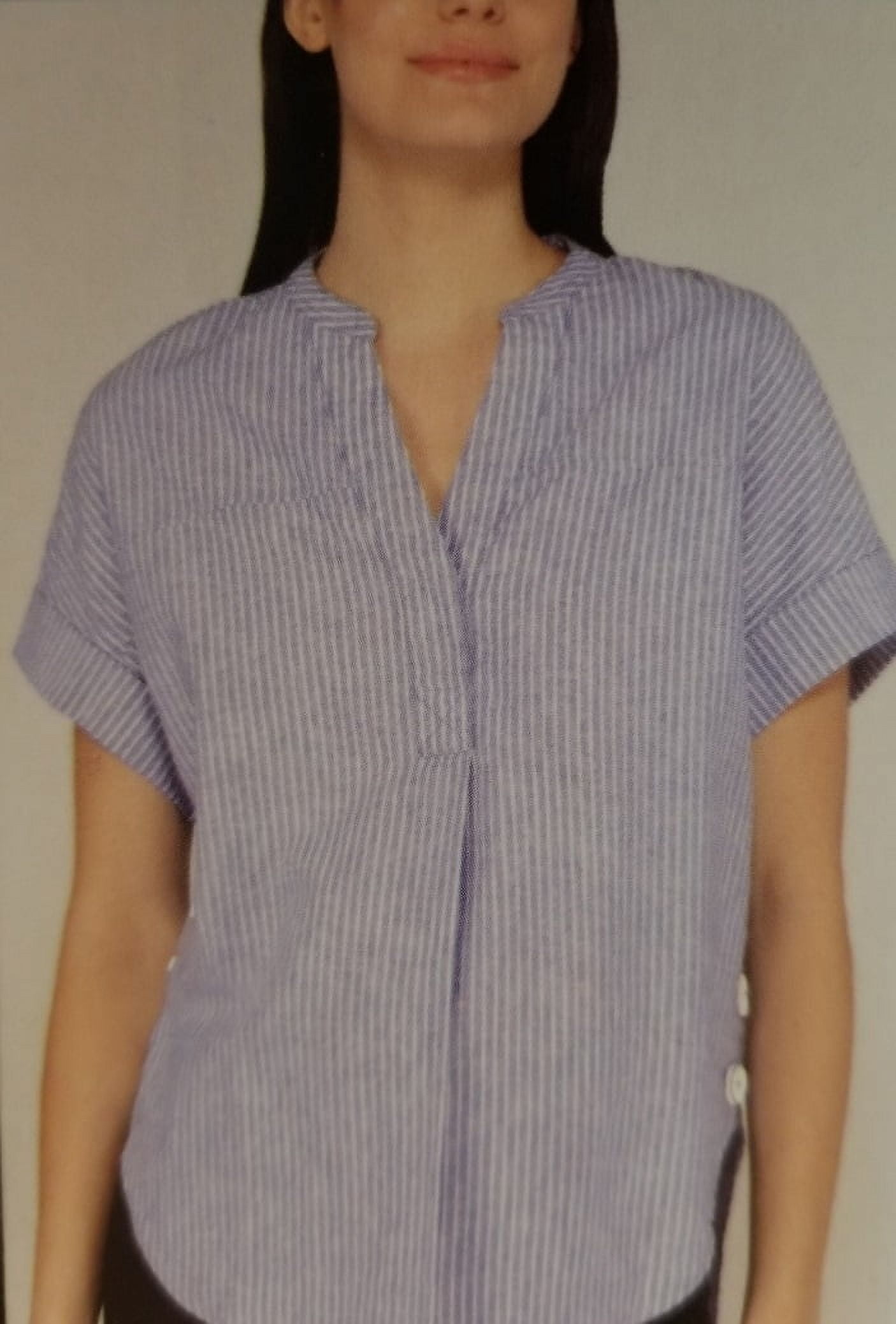 Nicole Miller Women's Cap Sleeve V-Neck Linen Blend Top (Medium, Blue ...