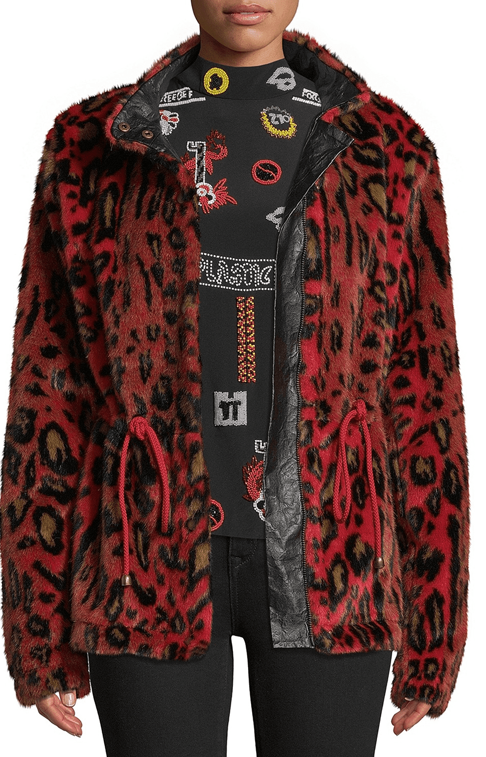 Nicole Miller Women's Leopard Print Faux Anorak Jacket Red Size Medium ...