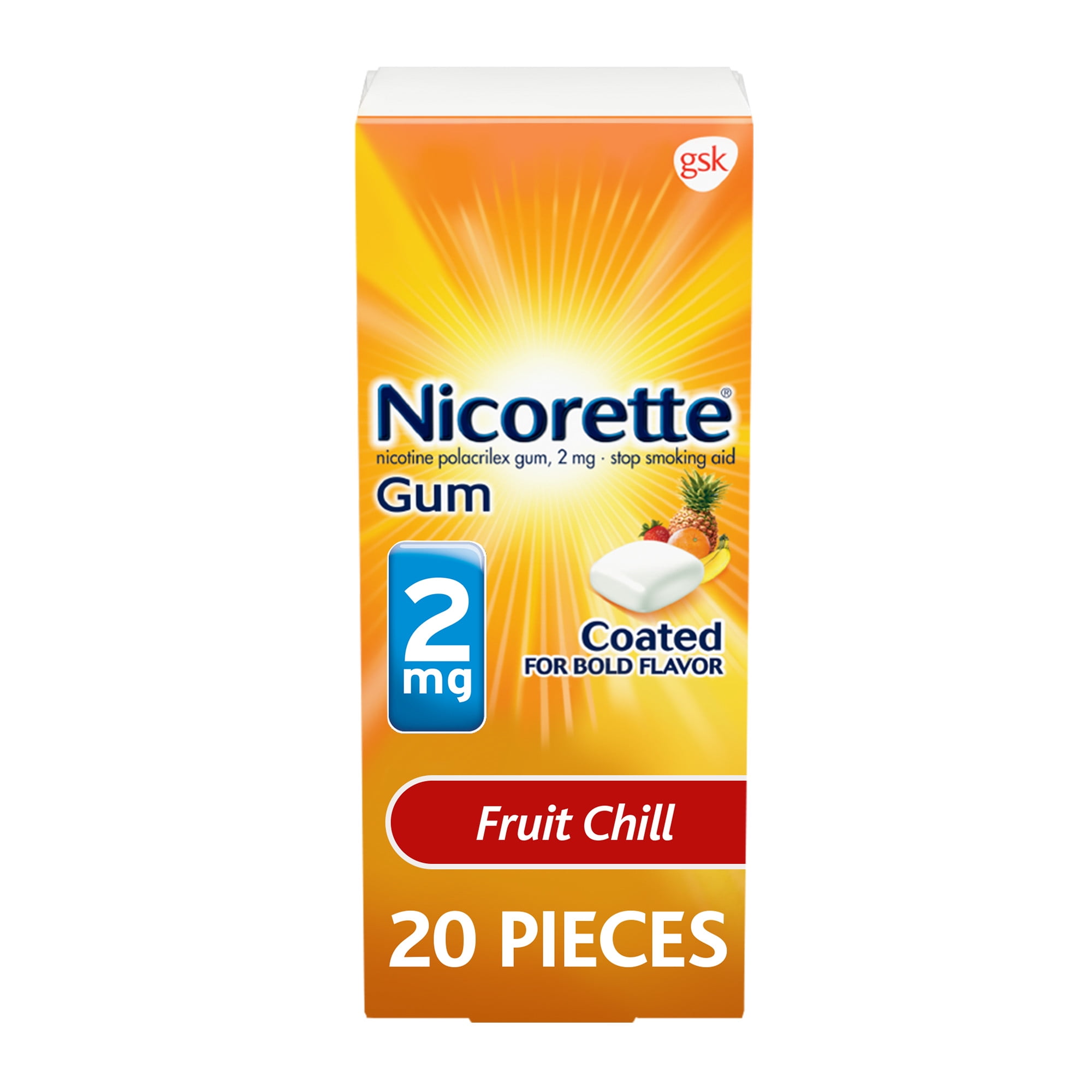 Nicorette Nicotine Gum, Stop Smoking Aids, 2 mg, Fruit Chill, 20 Count ...