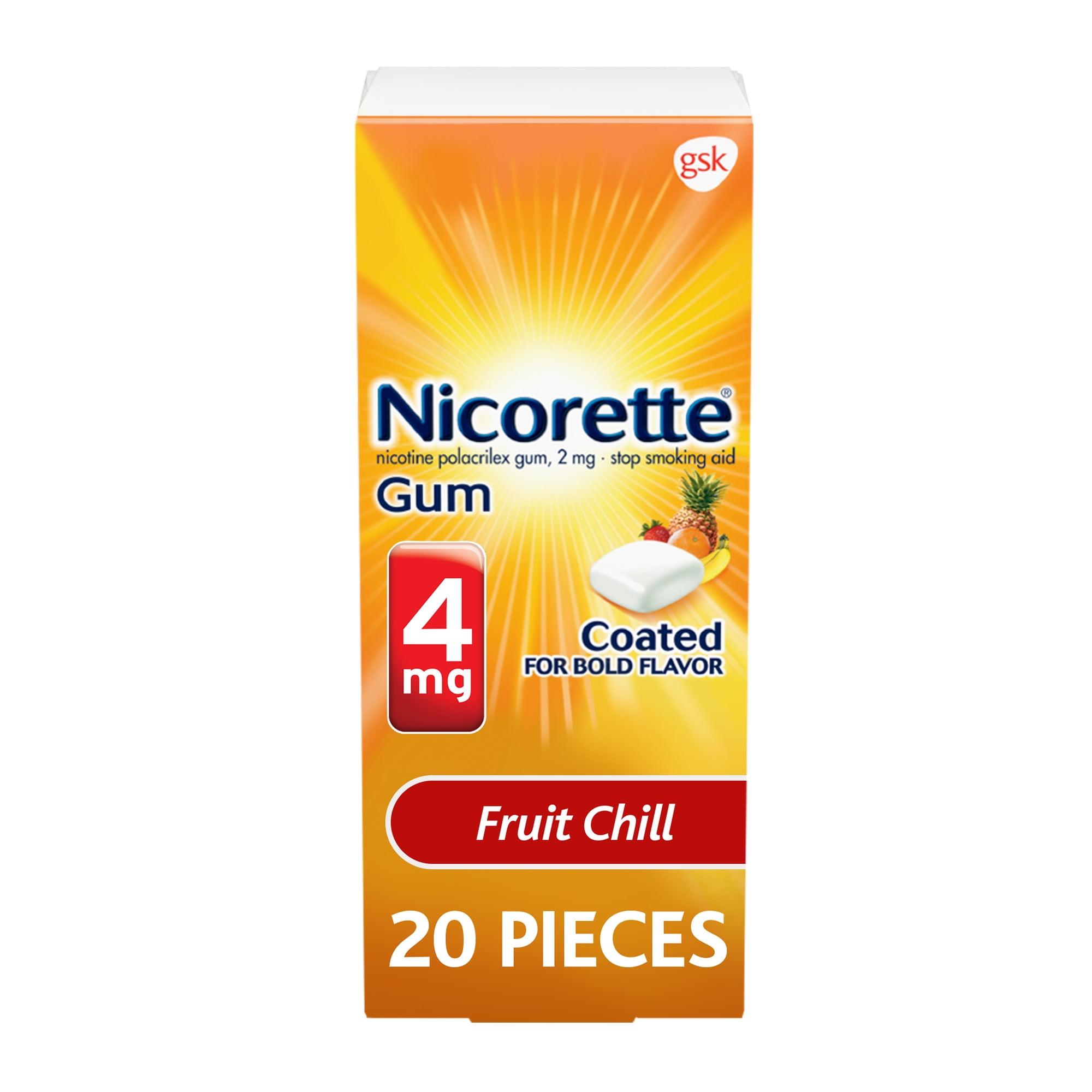 Nicorette Nicotine Gum, Stop Smoking Aids, 4 mg, Fruit Chill, 20 Count ...