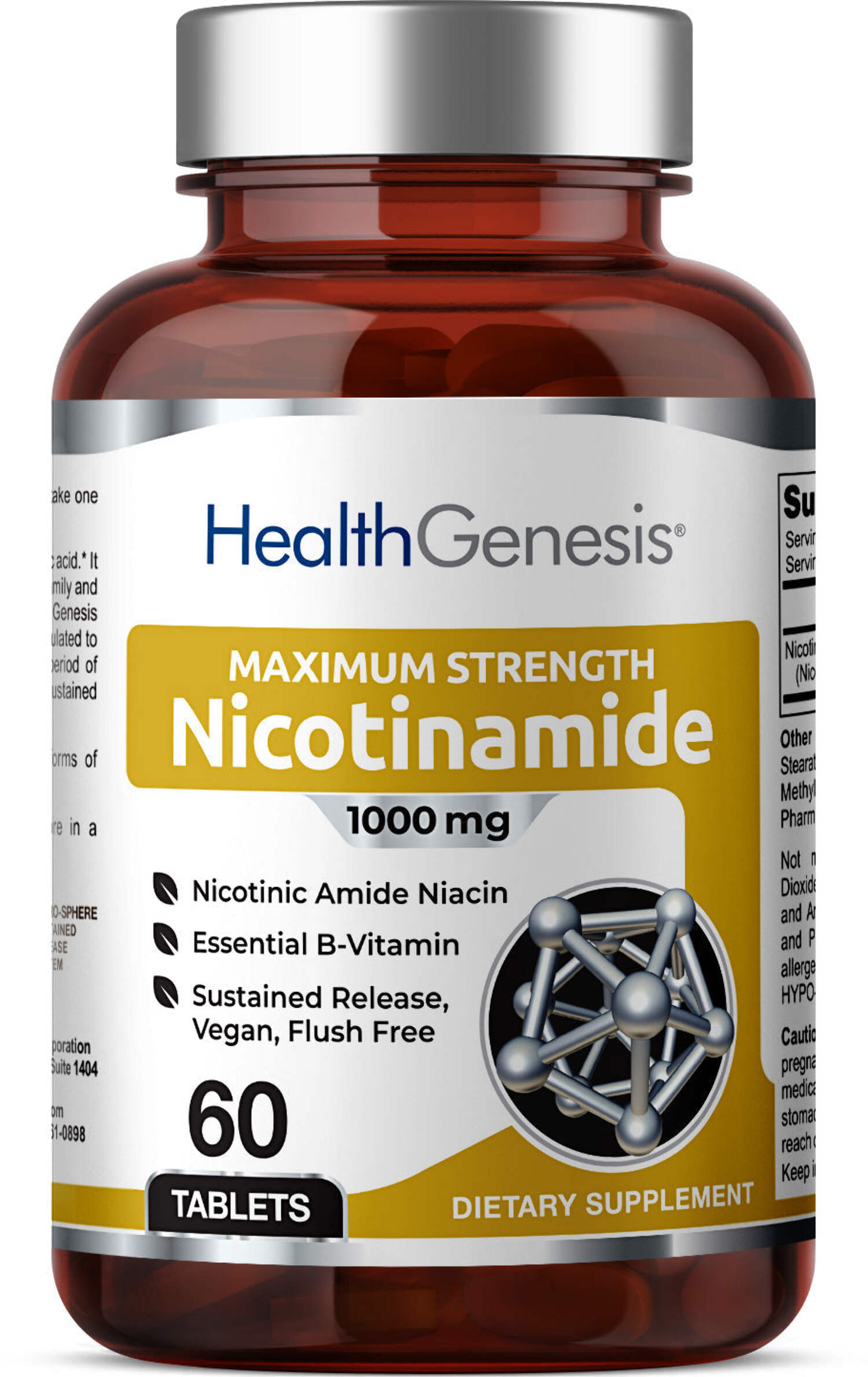 Health Genesis B-3 Nicotinamide 1000 mg 60 Tablets Extra Strength Timed ...