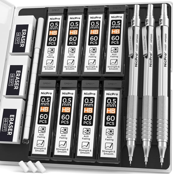 Nicpro 0.5mm Mechanical Pencils Set, 3 Metal Art Pencils with Case, HB ...