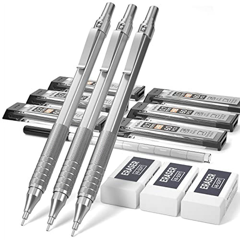 Nicpro 0.7 mm Mechanical Pencils Set with Case, 3 Metal Artist Pencil With 6 tubes HB Lead ...