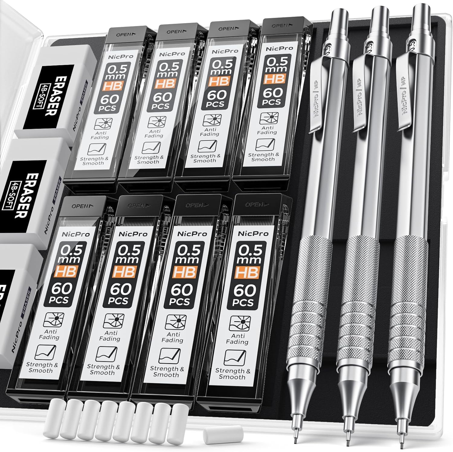 Nicpro 0.7mm Mechanical Pencils Set with Case, 3 Pcs Art Metal Drafting ...