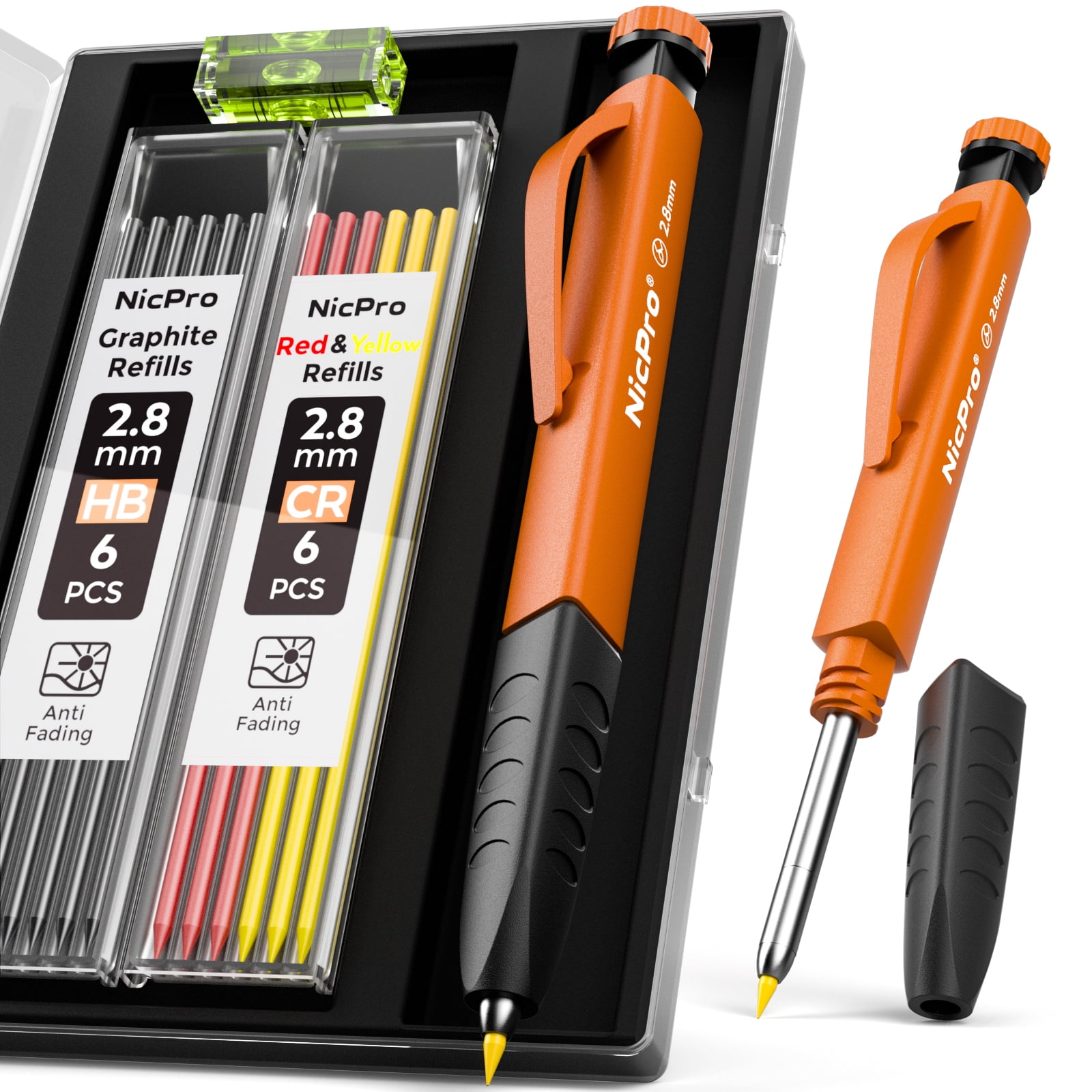 Nicpro Carpenter Pencil Set, 2.8mm, 12 Refills, Sharpener, Finger Grip ...